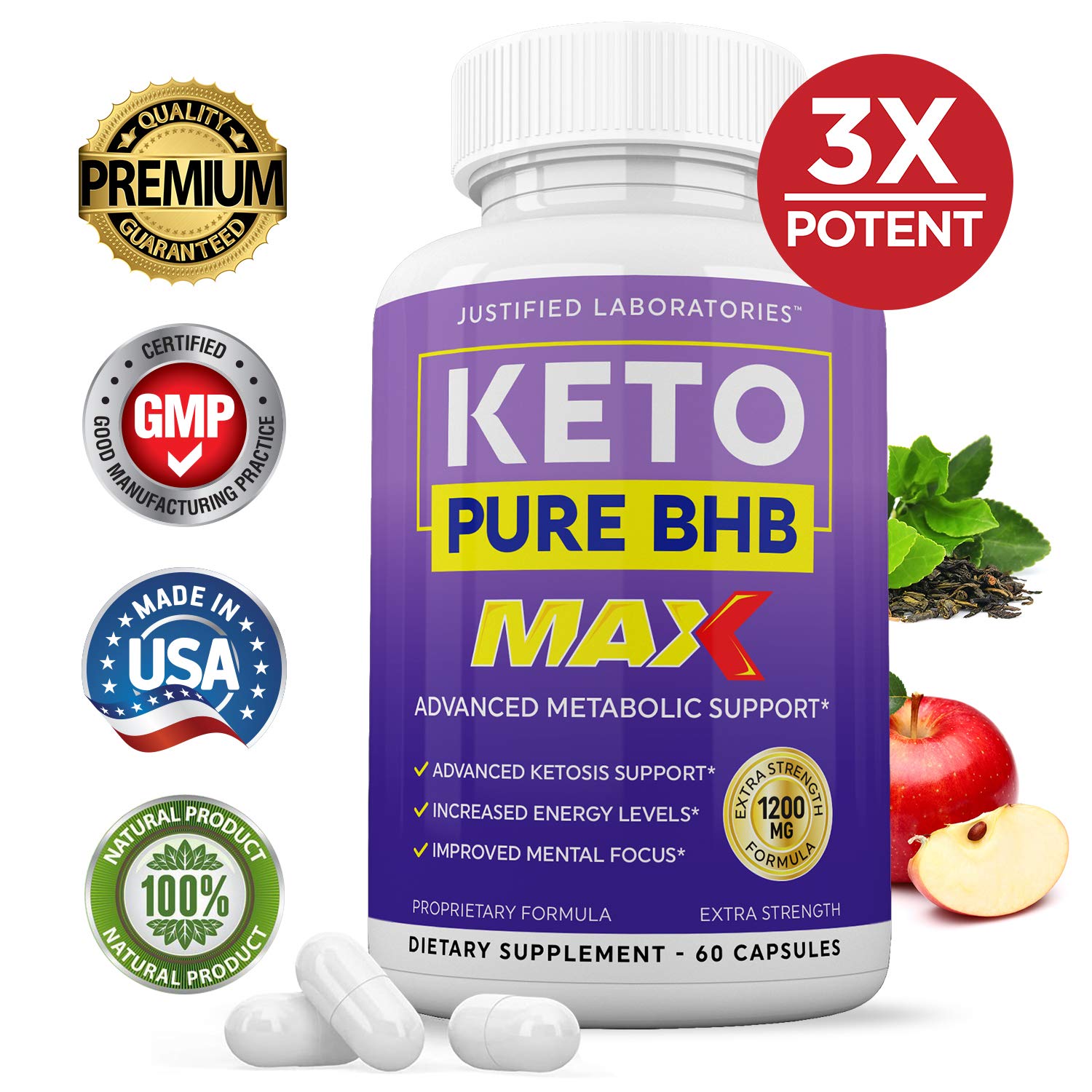 Keto Pure BHB Max1200mg Pills Ketogenic Supplement Includes goBHB Exogenous Ketones Apple Cider Vinegar Macadamia Nut Oil and Green Tea Advanced Ketosis Support for Men Women 60 Capsules