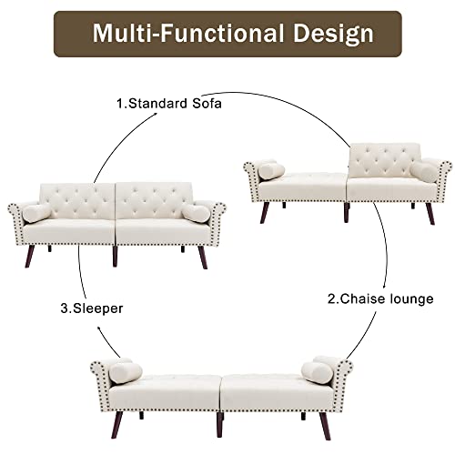 SUN & SUMMER Futon Sofa Bed for Living Room Loveseat Sectional Sofa Convertible Sleeper PU Leather Tufted Couch with 2 Bolster Pillows Beige