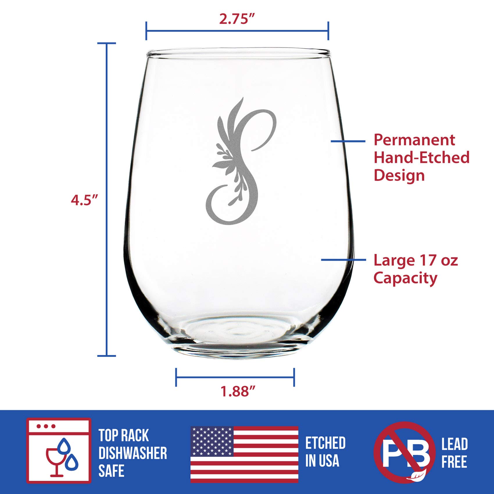 Monogram Floral Letter S - Stemless Wine Glass - Personalized Gifts for Women and Men - Large Engraved 17 Oz Glasses