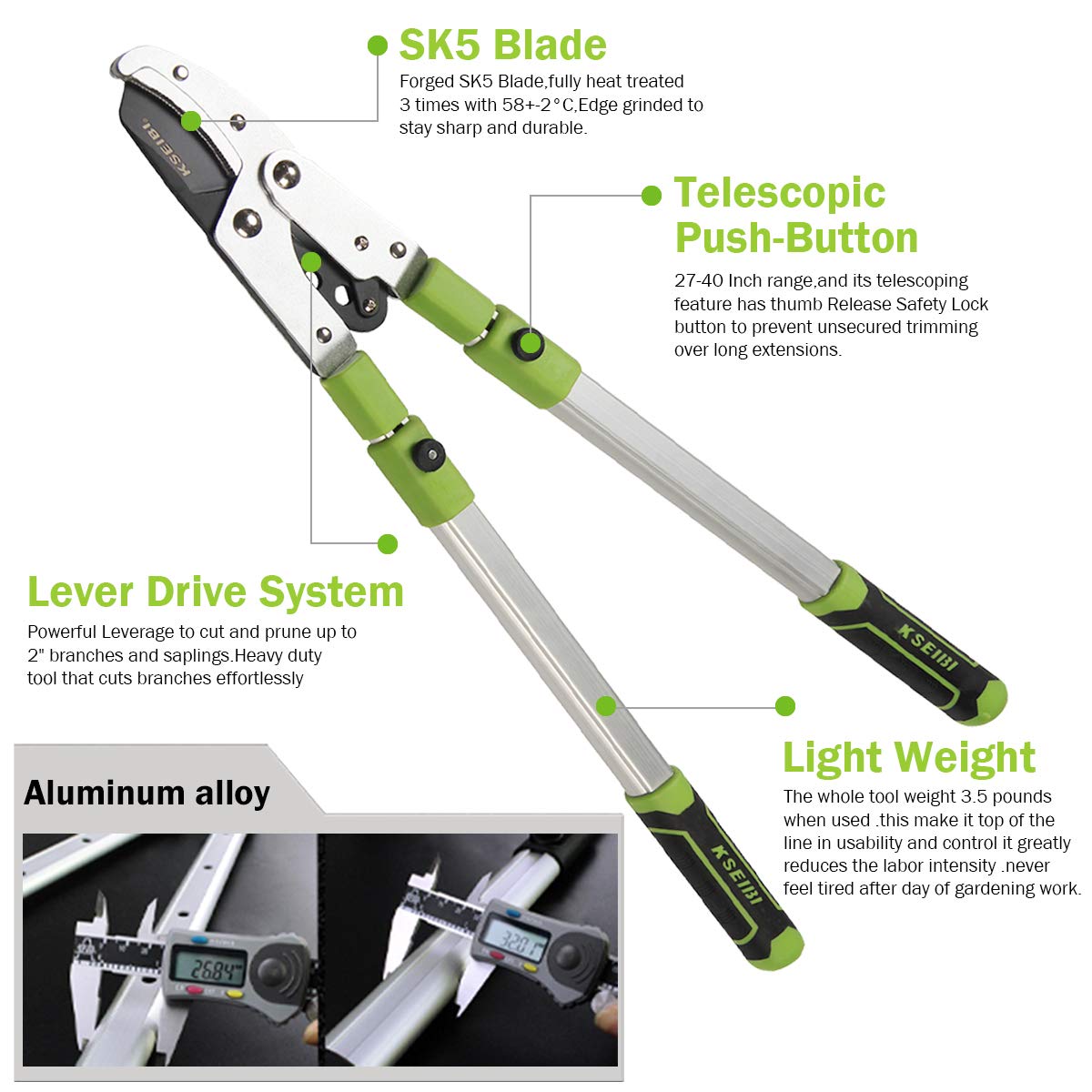 KSEIBI 252606 Anvil Lopper with Telescoping Aluminium Light-weight Handle, Tree Trimmer, Branch Cutter, Loppers, Pruning Shears, Garden Pruners Up to 2 Inch Cutting Capacity, 28 ~ 40 Inch