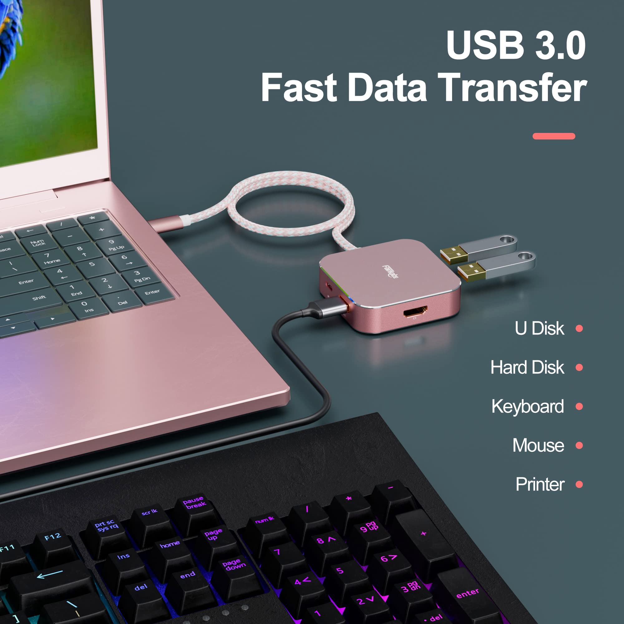 USB C to HDMI Multiport Adapter, fairikabe USB C Hub to 4K HDMI Power Delivery 3USB3.0, 5 in 1 USB C HDMI Hub with Long Cable 1.5FT, for MacBook Air, MacBook Pro and Other USB-C DP Alt Mode Devices