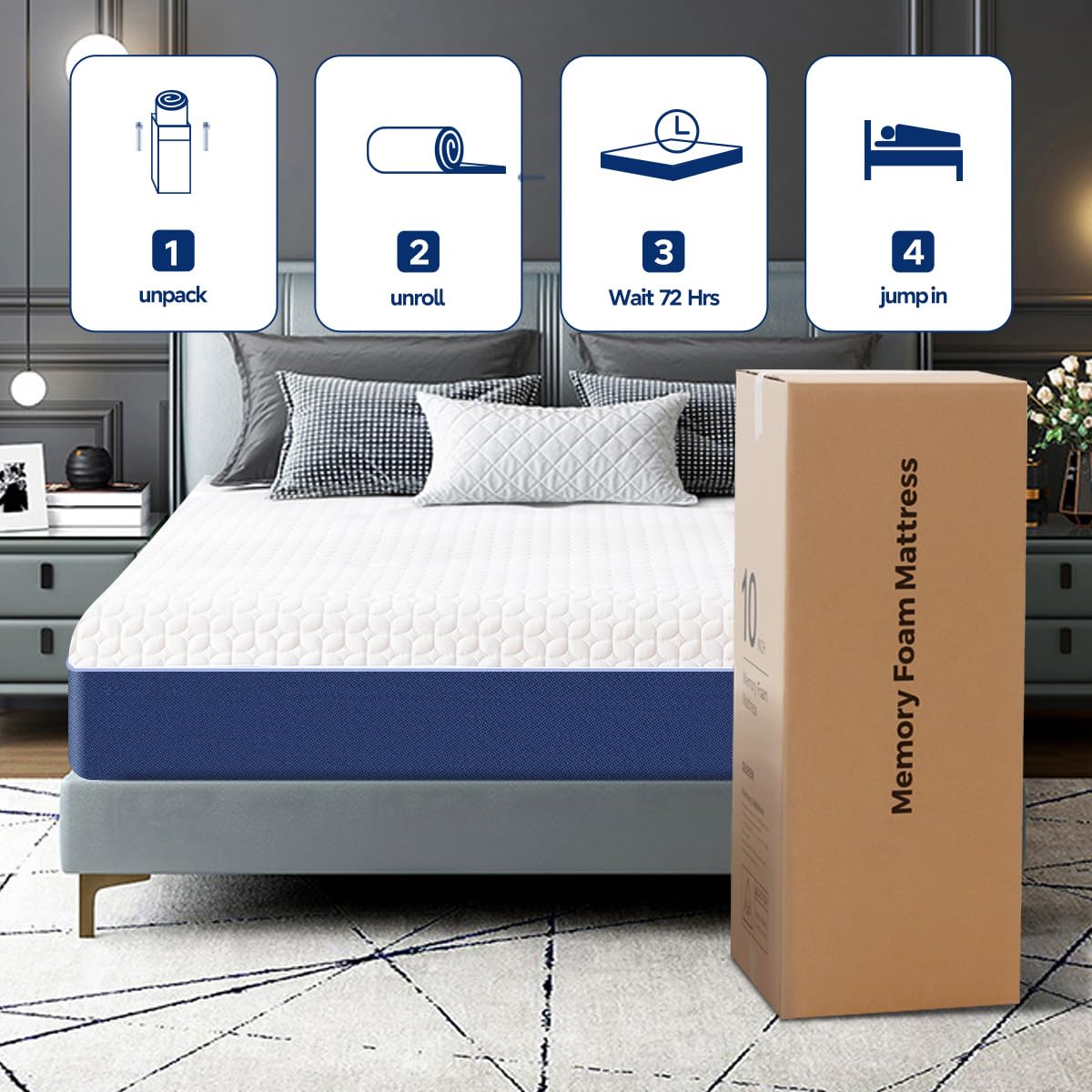 TRIPUB 10 Inch Queen Memory Foam Mattress, Cooling Gel Mattress in a Box, Made in USA, CertiPUR-US Certified, Medium Mattress, 60x80x10,Breathable,Pressure Relief,Anti-Static,Anti-Pilling