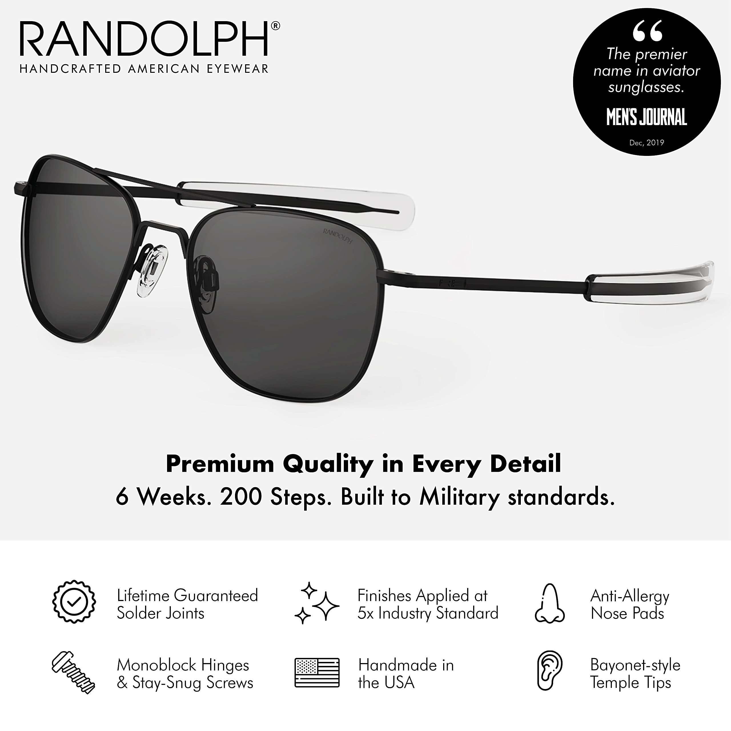 Randolph USA | Matte Black Classic Aviator Sunglasses for Men or Women Polarized 100% UV