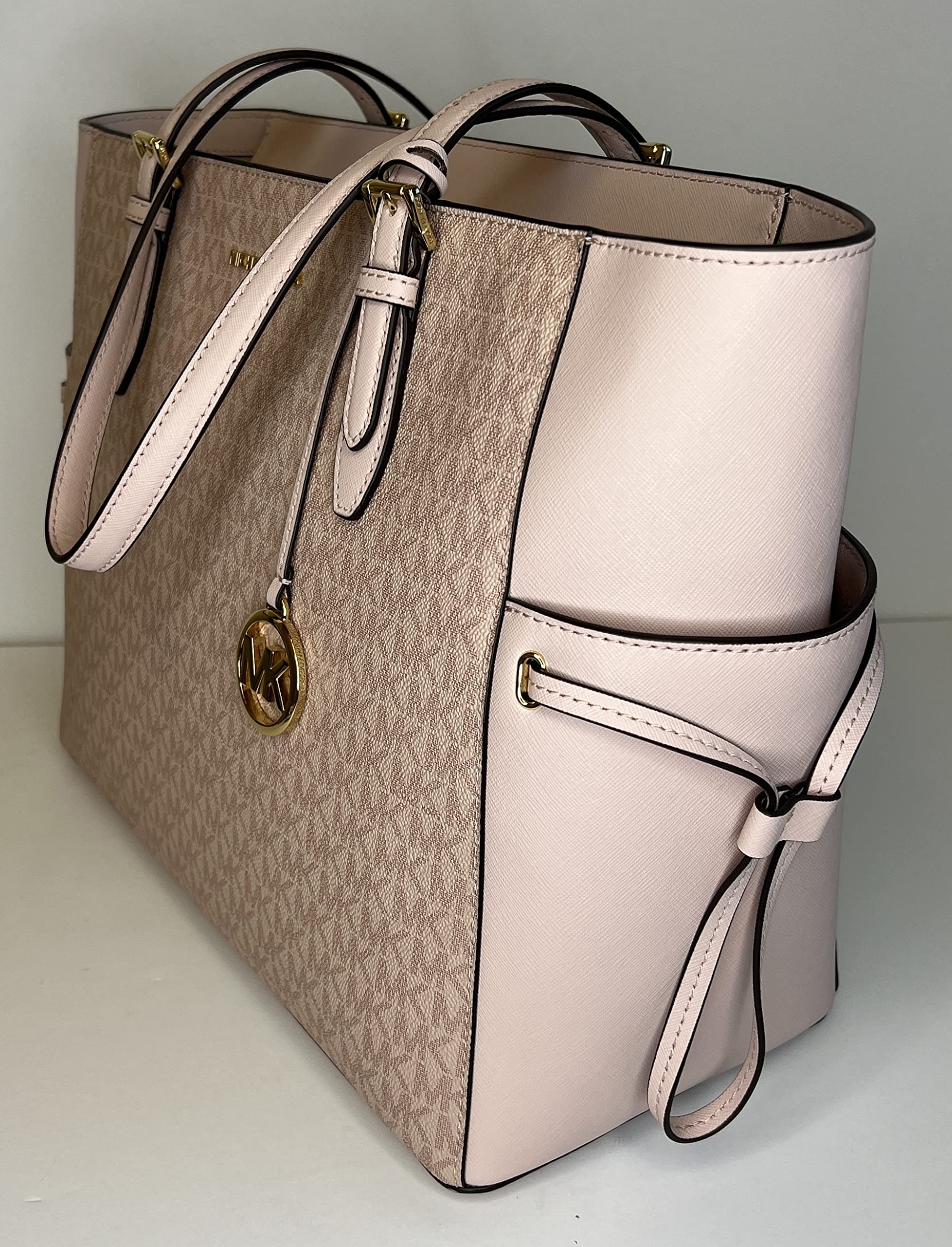 Michael Kors MICHAEL Michel Kors Gilly Large Drawstring Travel Tote bundled with Double Zip Wristlet Purse Hook (Signature MK Pink)