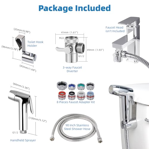 Sink Faucet Hose Sprayer Attachment, Handheld Bidet Toilet Sprayer, 8 Adapters, Dual Function Faucet Sprayer Rinser, Bathroom Shower Head, Baby Cloth Diaper for Feminine Hygiene, Bathing Pets, Chrome