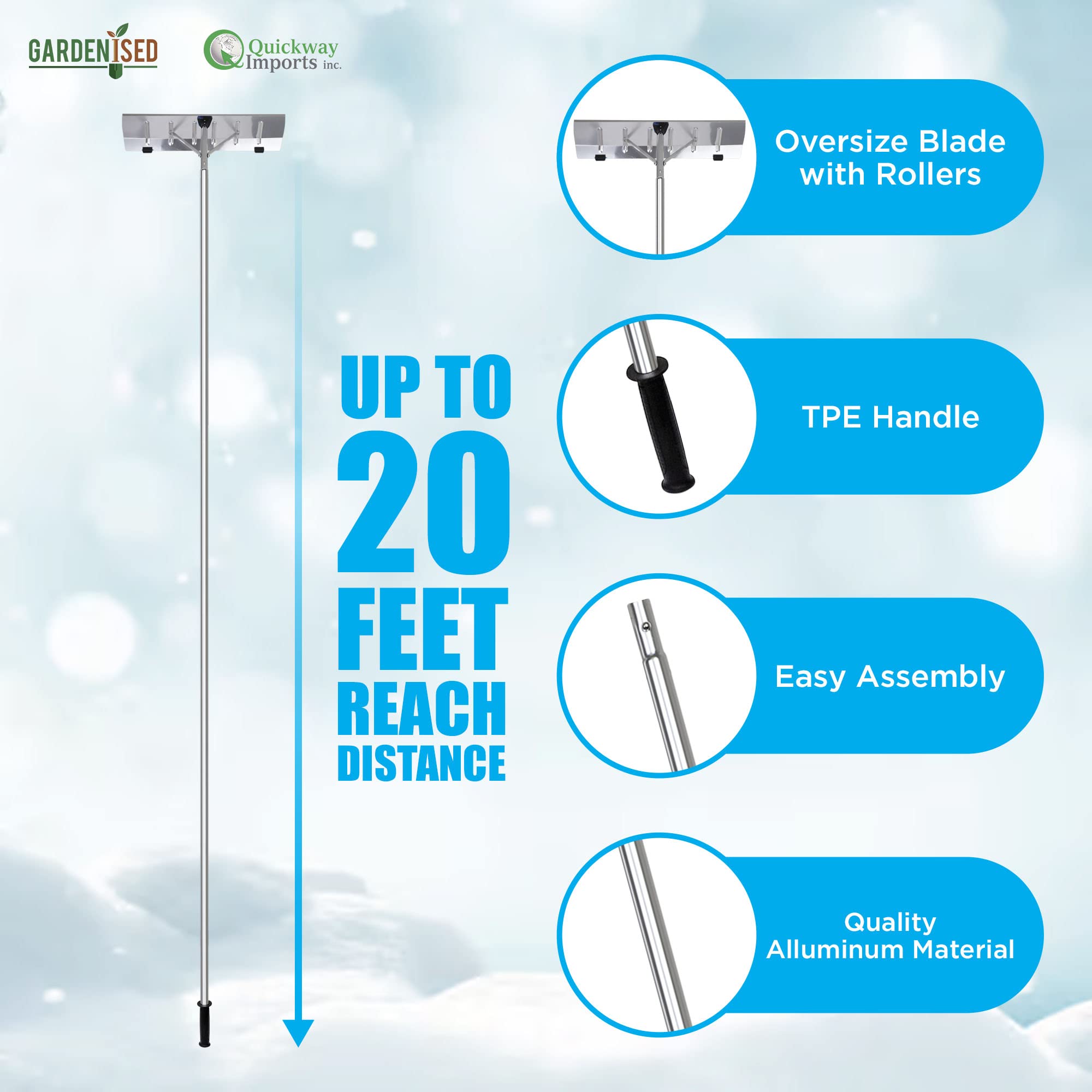 Quickway Imports Snow Rake Shovel | Aluminum Snow & Leaf Removal Tool & Pusher Scraper for House Roof & Car with 24β Rolling Blade, Lightweight 5-21β Telescoping Extendable Handle & Nonslip Grip,Gray