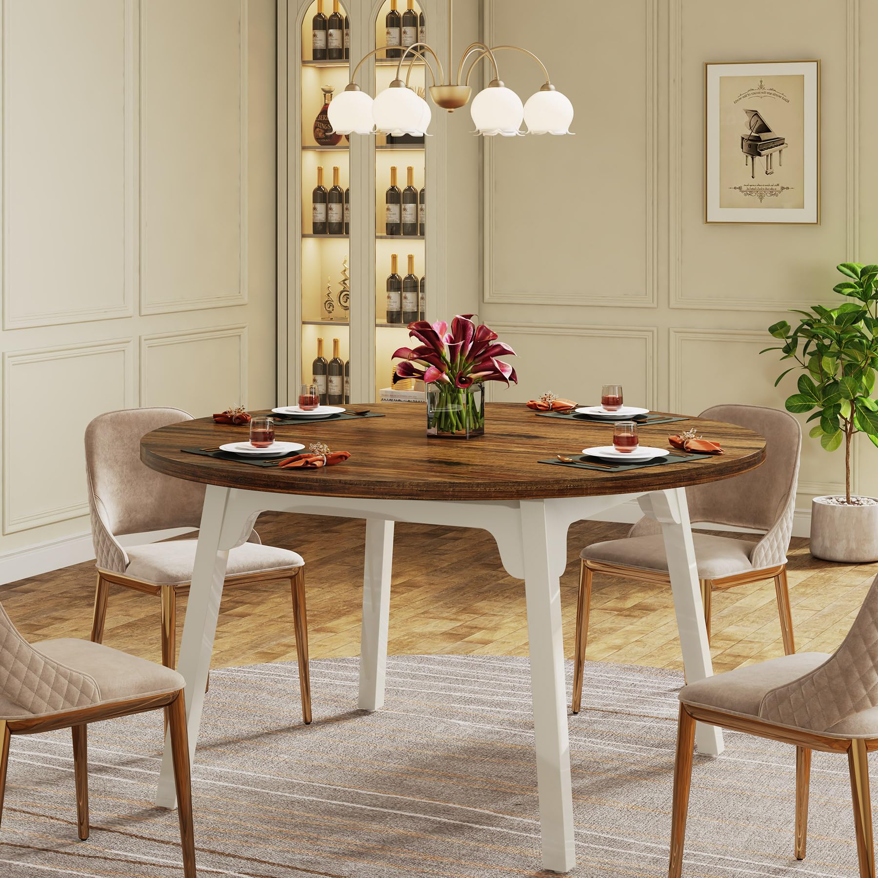 Tribesigns Round Dining Table for 4-6 People, 47-Inch Farmhouse Dinning Room Table Circle Kitchen Table, Industrial Dinner Table with Solid Wood Legs for Kitchen, Living Room, White and Brown