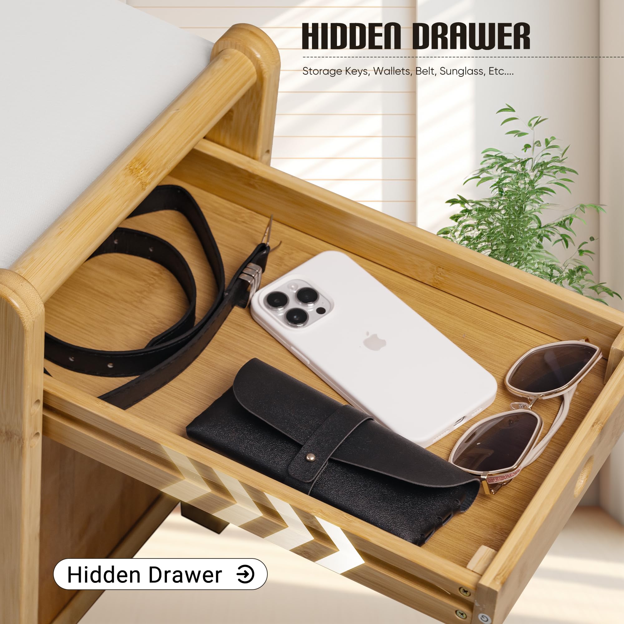 YESHOMY 2 Tier Shoe Rack Bench with Hidden Drawer and Side Holder, Bamboo Storage Organizer for Entryway Hallway Living Room, Nature