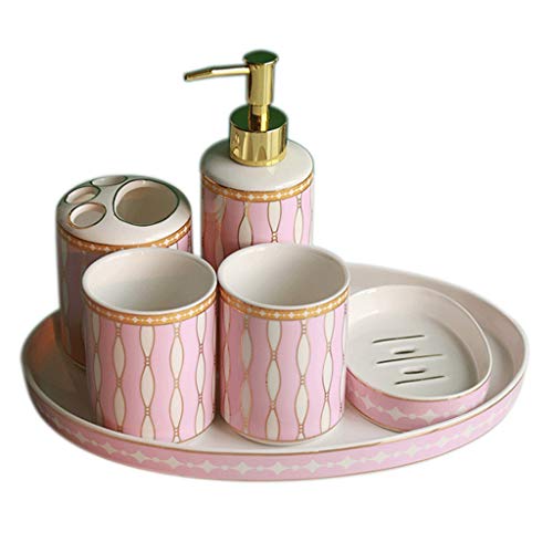 Liquid soap Box Ceramic Soap Dispenser Set Mug Toothbrush Holder Soap Dish and Practical Tray 6 Sets of Creative Fashion Wedding Housewarming Soap Bottle (Color : Blue) (Pink B)