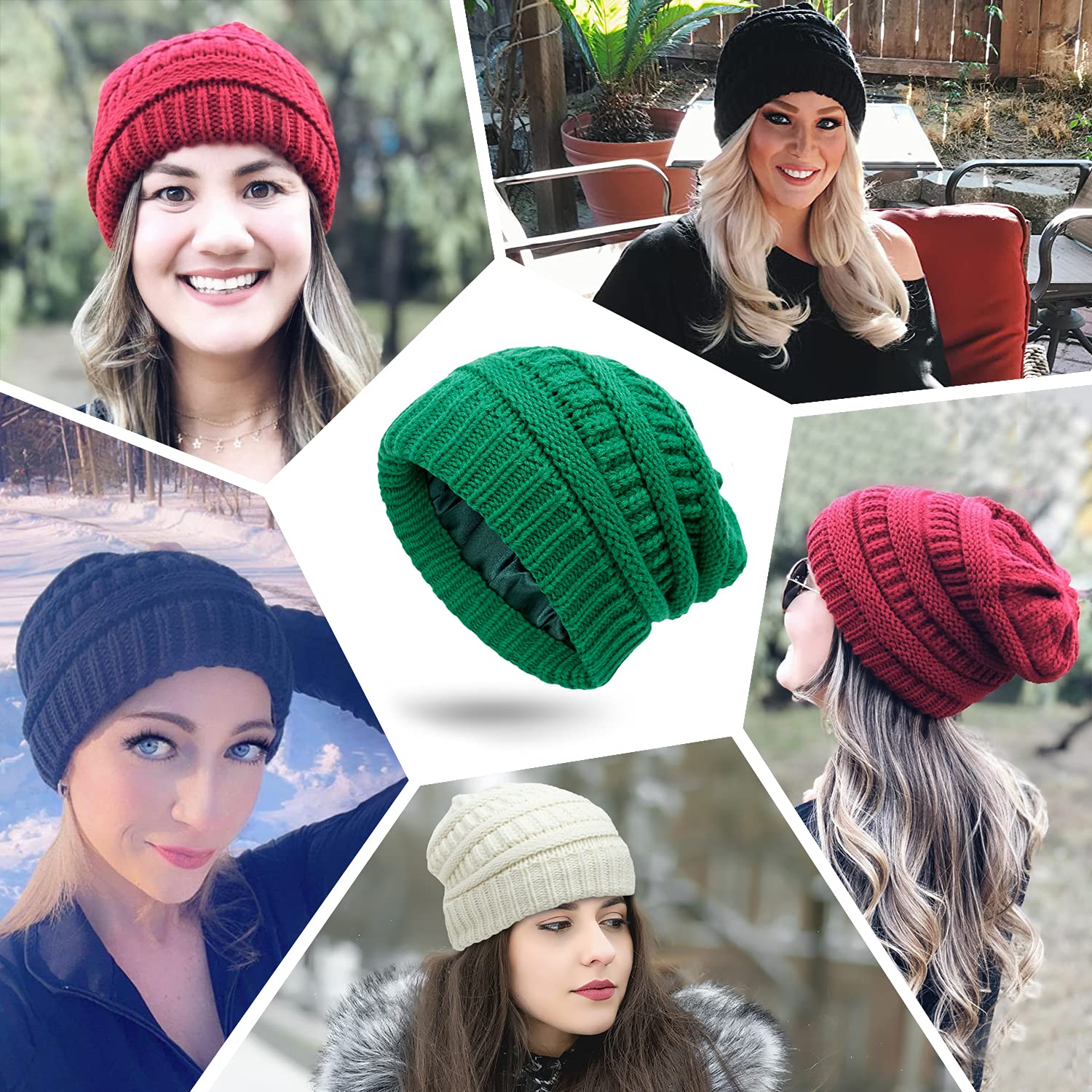 Muryobao Womens Winter Warm Knitted Hat Satin Silk Lined Cable Knit Beanie Chunky Slouchy Skull Cap Green