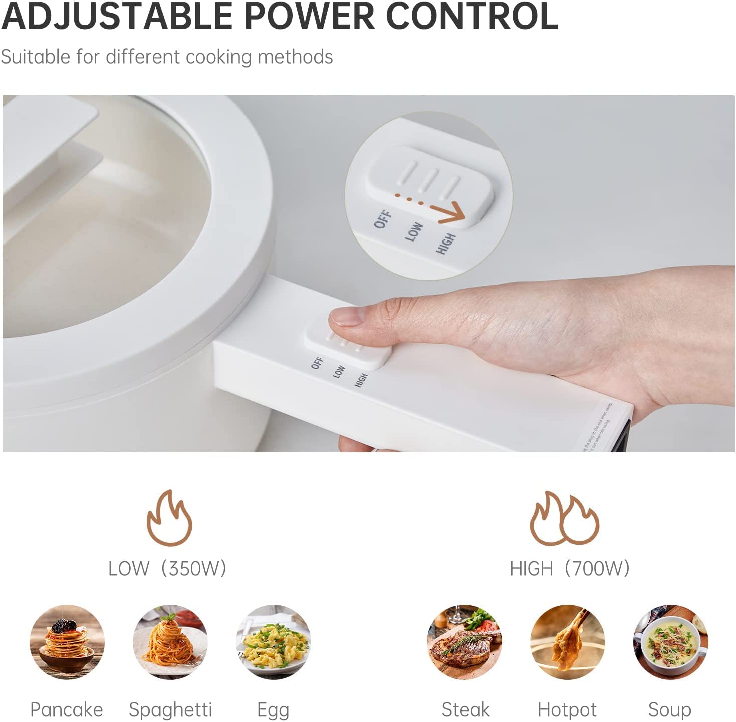 Olayks Electric Steamer for Cooking, 1.5L Ceramic Glaze Non-stick Pot, Dual Power Multi-functional Electric Cooker, Suitable for Steak, Pasta, Hot Pot, Ramen, Quick Heating and Overheat Protection