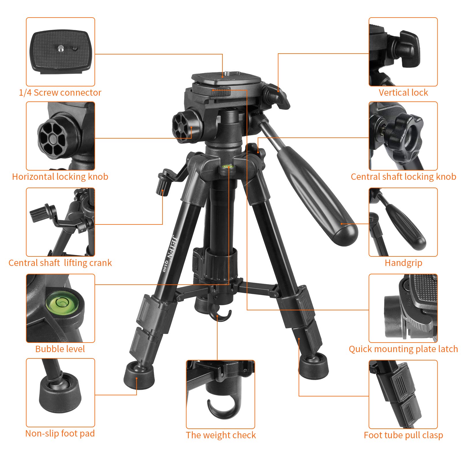 JEIFN Q100 Tabletop Camera Tripod for Travel and Indoor with 3-Way Pan Head, 1/4 inches Quick Release Plate and Phone Clip for DSLR Camera (Black)