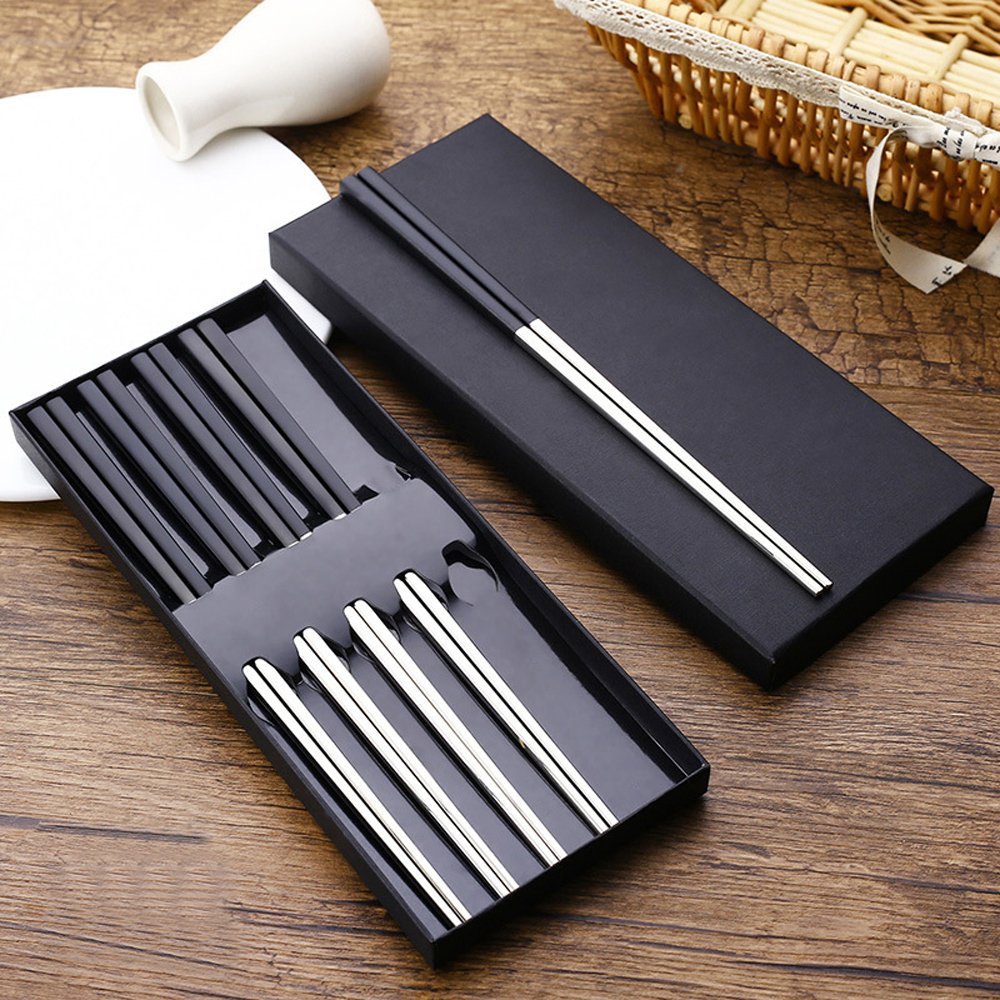 Nadalan Stainless Steel Alloy Chopsticks Non-slip Chopsticks 5 Pairs (Silver)
