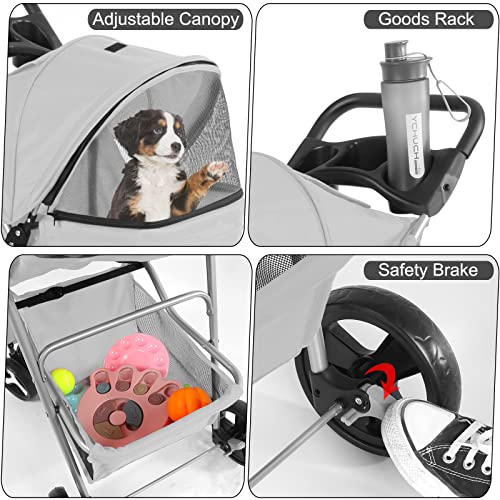 Wedyvko Pet Dog Stroller, 4 Wheel Foldable Cat Dog Stroller with Storage Basket, Handle 360° Front Wheel Rear Wheel with Brake for Small Medium Dogs & Cats (Gray)