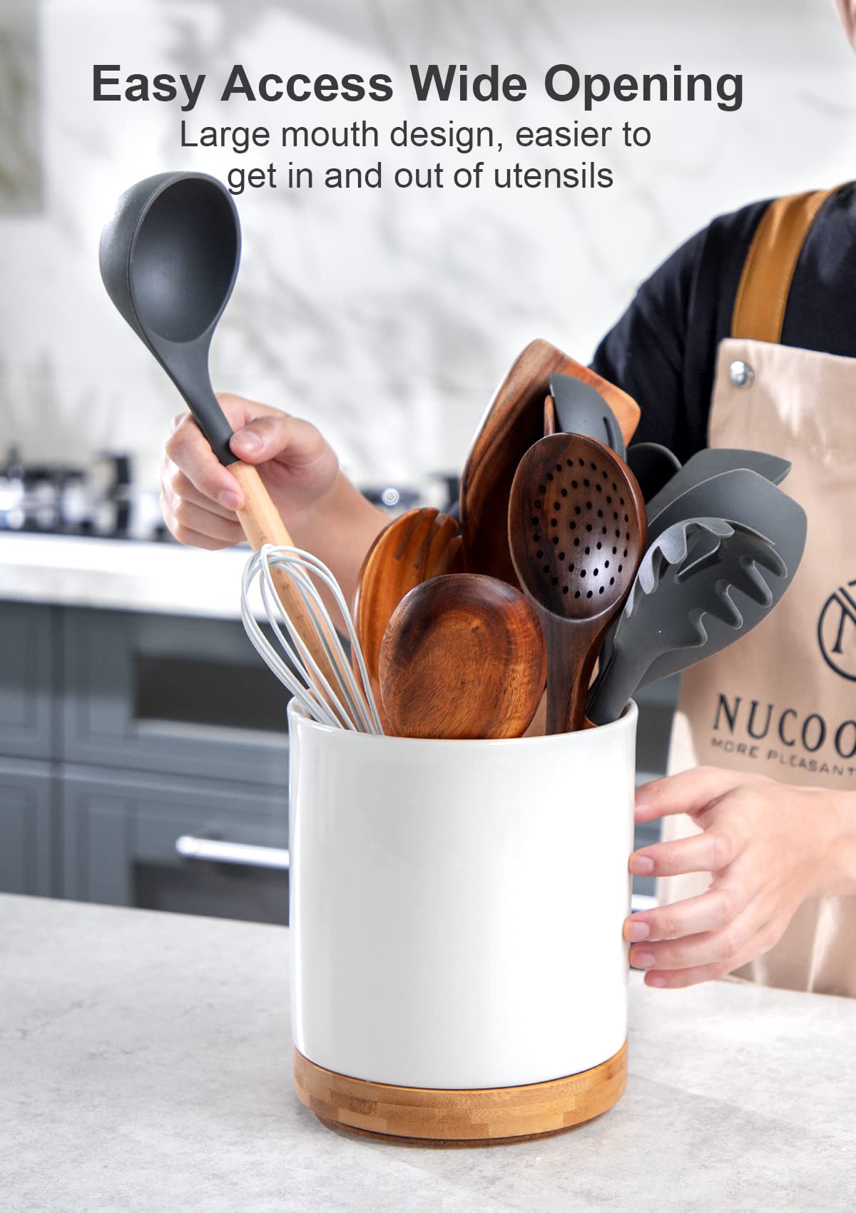 Nucookery 360° Rotating Utensil Holder, 7.2" Large Utensil Crock, White Ceramic Cooking Utensil Organizer with Countertop-Protection Cork Bottom for Farmhouse Kitchen Decor Gift (White)