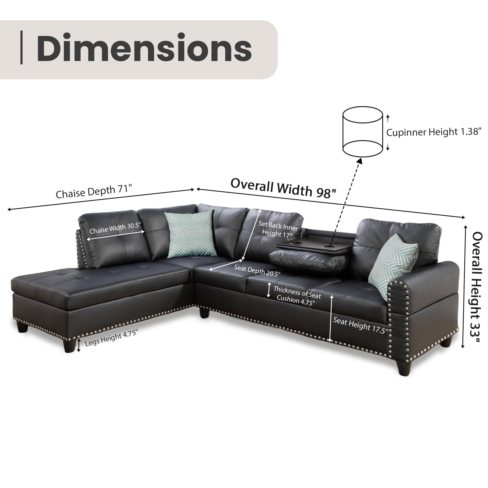 Yafylly L Shaped Sectional Couch, Living Room Furniture Set with Storage Ottoman, Deep Seat Modular Sofa with 2 Cup Holders, 2 Throw Pillows for Large Space, Black
