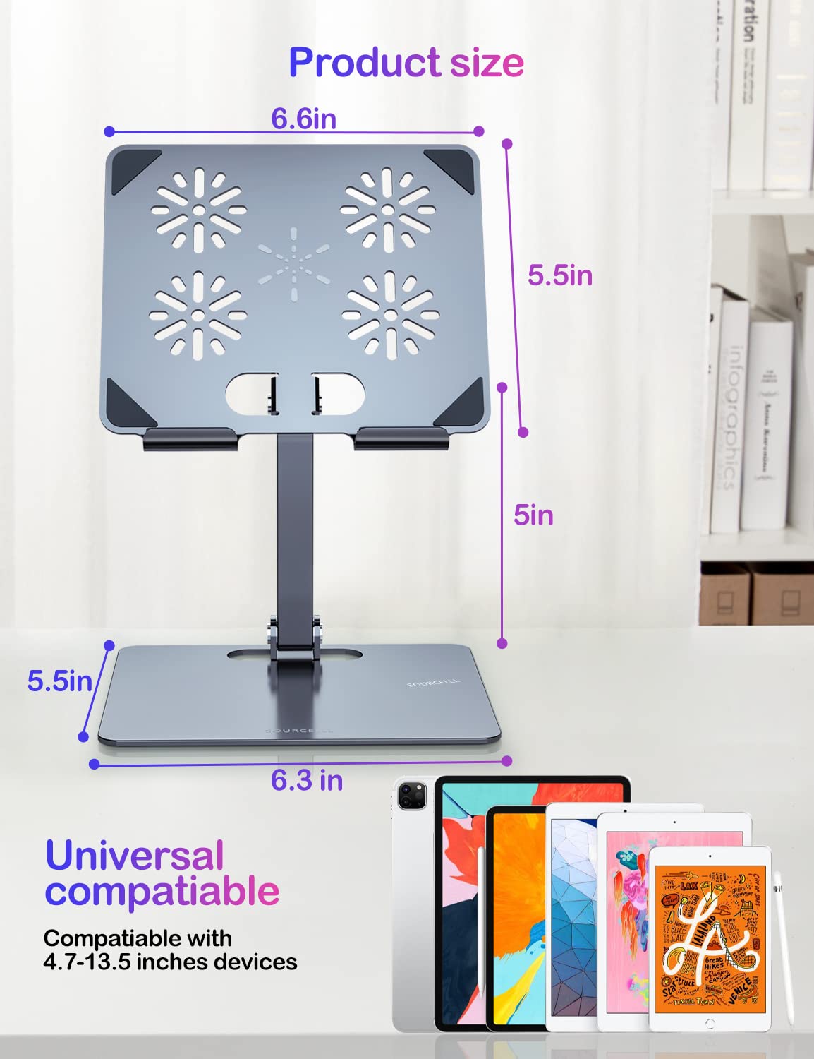 Tablet Stand Holder for Desk Adjustable Aluminum Portable Stand Foldable Desktop Tablet Dock Multi-Angle Riser Home Office Desk Accessories Compatible with iPad,iPad Air Mini (4-13in)(Non-Magnetic)