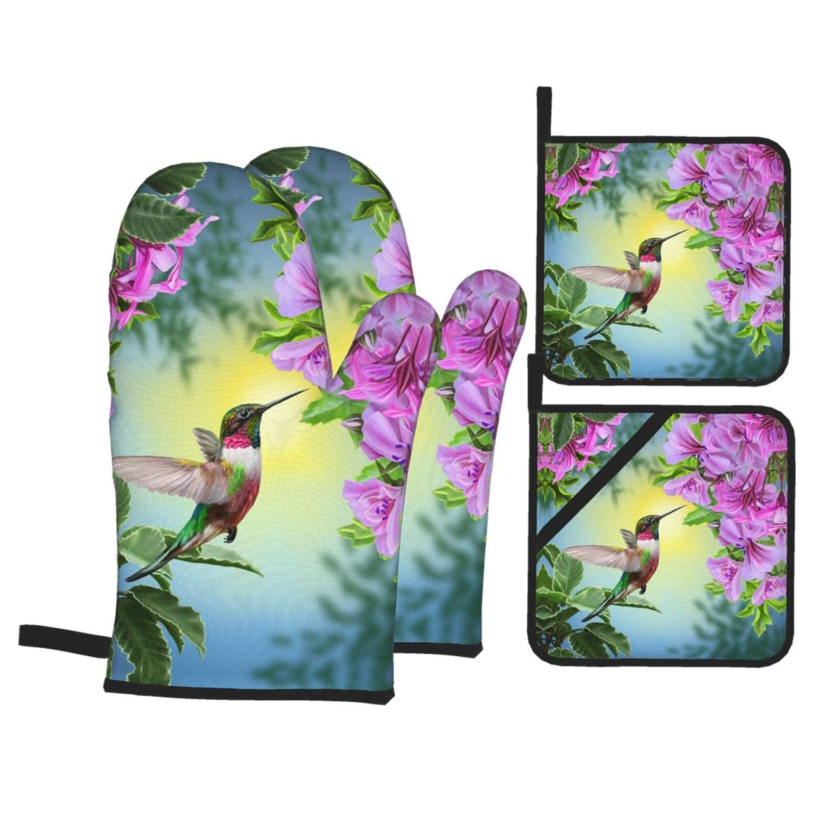 Mount Hour 4-Piece Set Oven Mitts and Potholders, Spring Bird Hummingbird Summer Purple Flower Floral Baking Glove and Pot Holder for Cooking BBQ