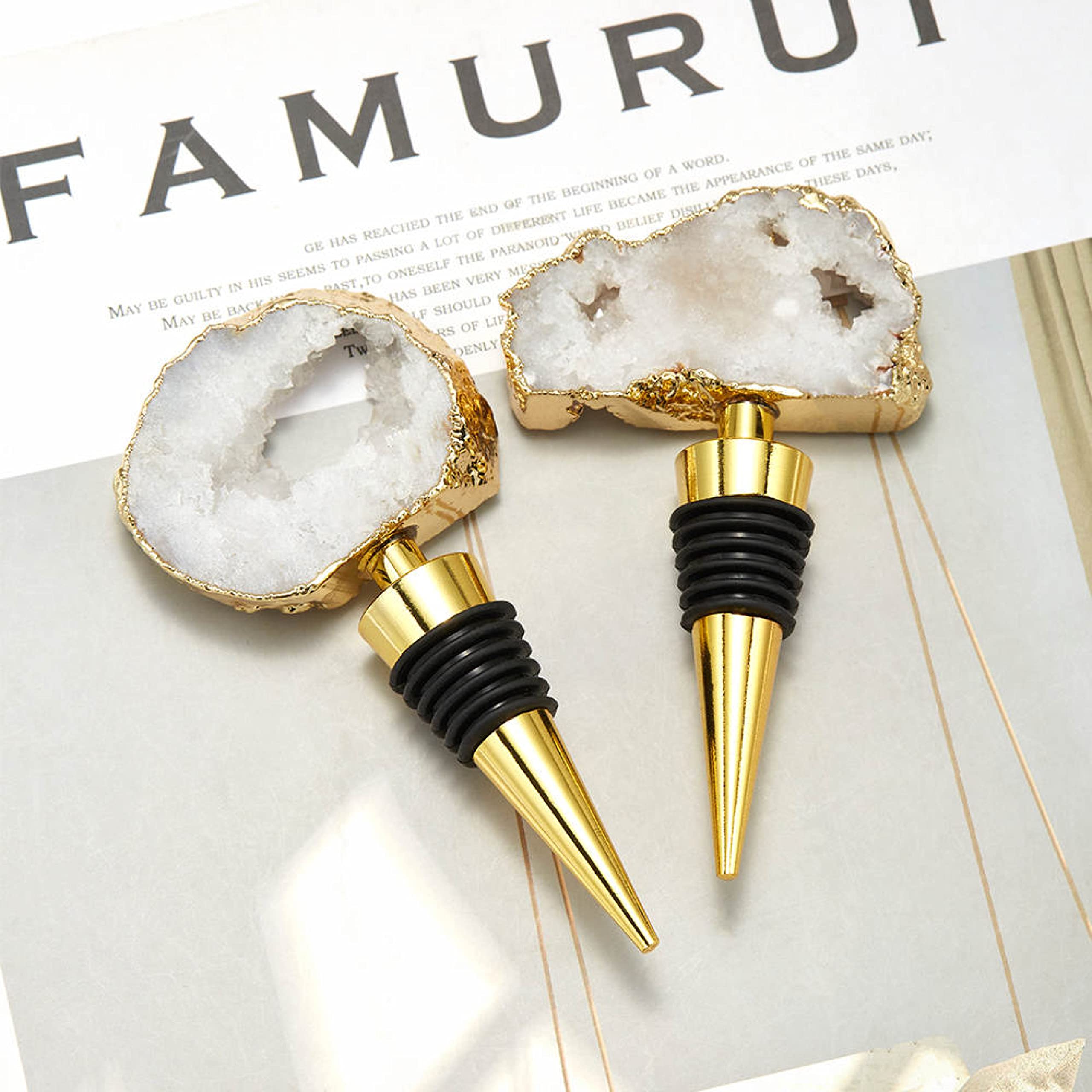 Sip and Shimmer Crystal Wine Bottle Stoppers – 2-Pcs Set Gemstone Champagne Stoppers for Bottles – Cute Wine Accessories for Bridal Shower, Wedding, Party – Gold Geode Decorative Wine Stoppers