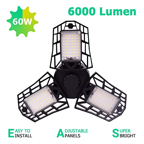LED Garage Light, 60W Collapsable Garage Ceiling Lights 6000 Lumens, CRI 80 Shop Light for Garage, Tribright Mining Lamps with 3 Adjustable Panels, LED Light Bulbs for Basement Warehouse Etc.(1 Pack)