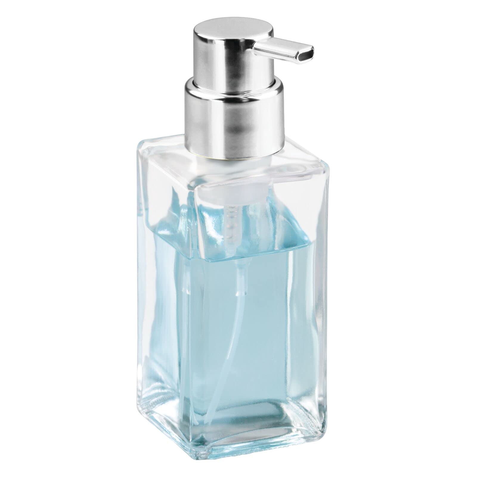 mDesign Modern Square Glass Refillable Foaming Hand Soap Dispenser Pump Bottle for Bathroom Vanities or Kitchen Sink, Countertops - Clear/Chrome