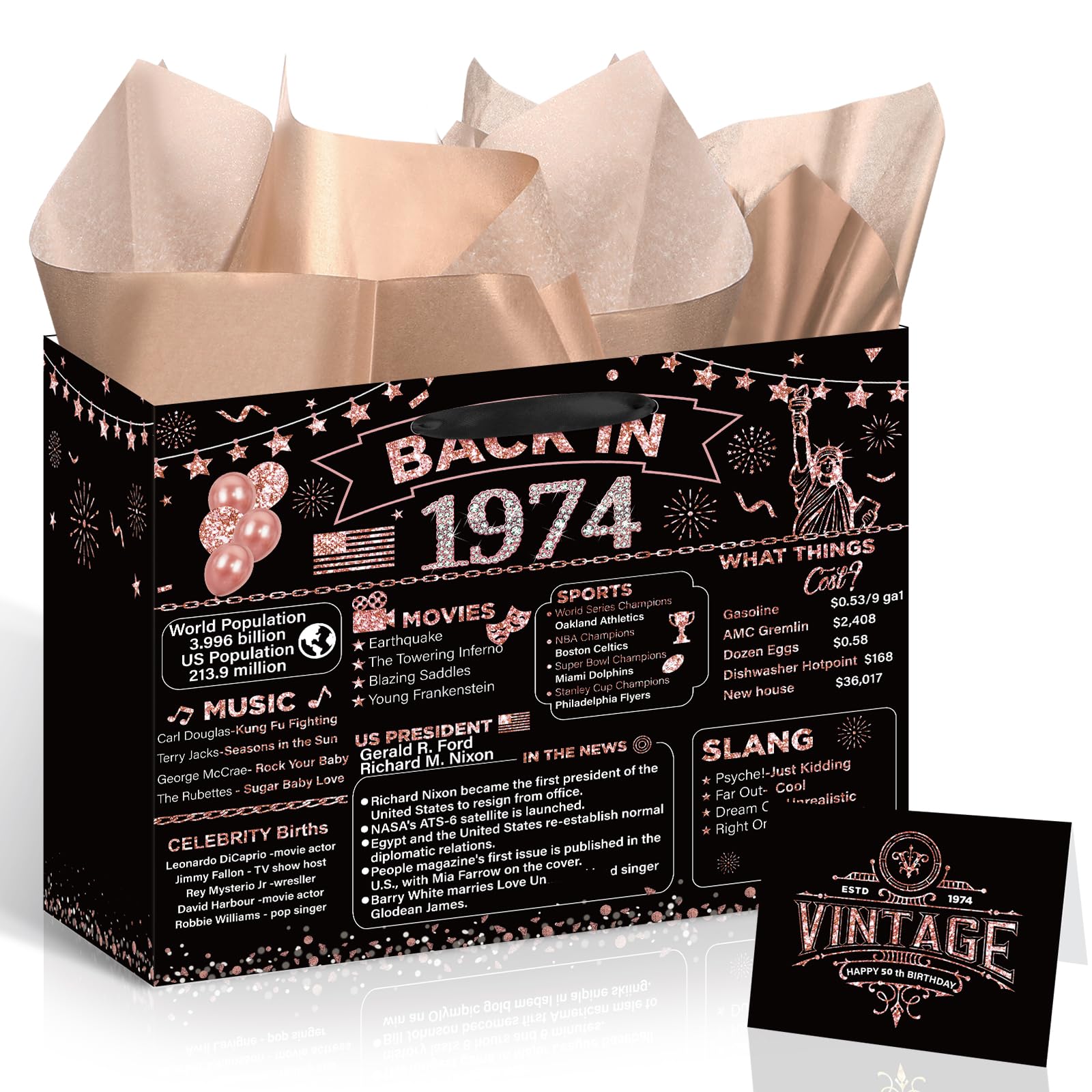 Vintage 50th Birthday Gift Bag with Happy 50th Birthday Greeting Card and Tissue Paper for Women Black Rose Gold 50th Birthday Gift Wrap Bag with Handles for 50th Birthday Party Decorations Supplies