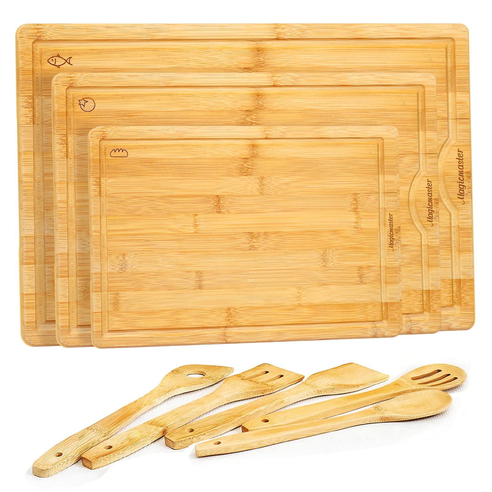 Magicmaster Bamboo Cutting Board, 3 Pcs Wood Cutting Boards for Kitchen, Wood Cutting Board Set with Juice Groove, Chopping Board for Meat Fruits Cheese and Vegetables