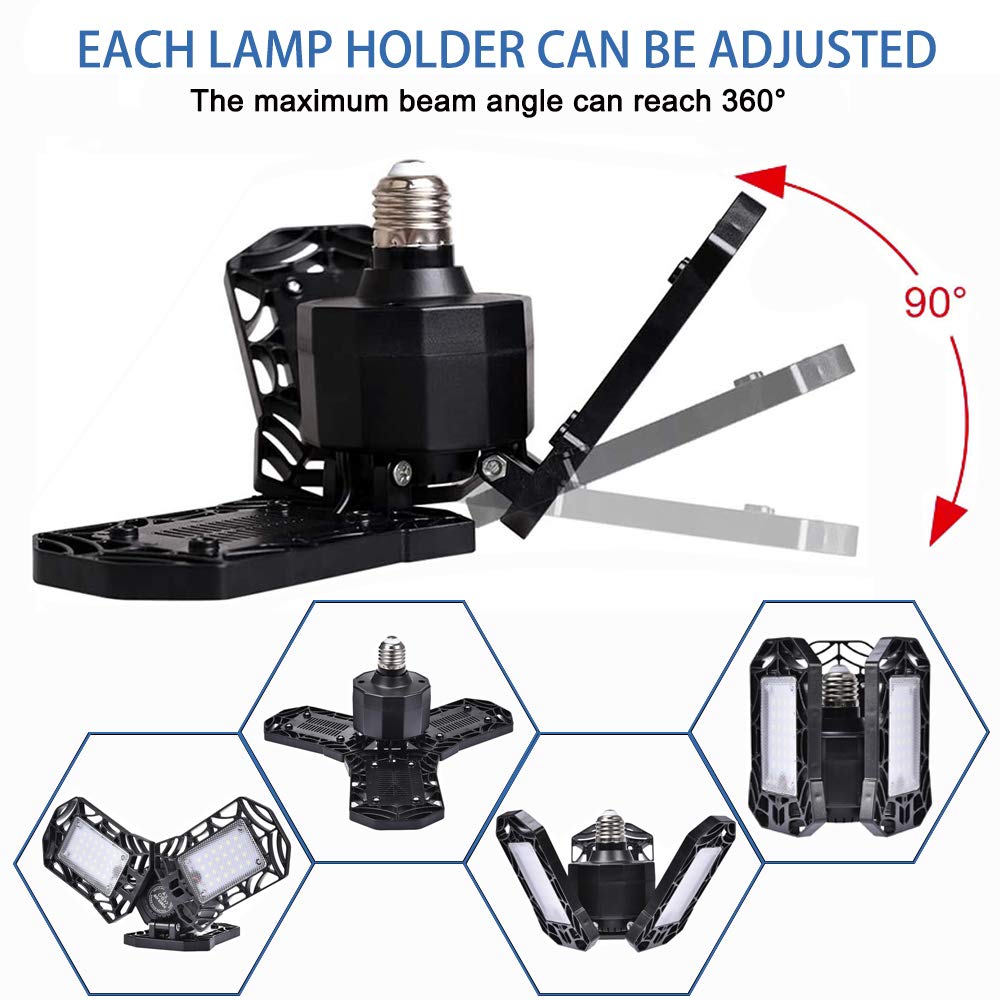 LED Garage Lights, 30W Deformable Garage Ceiling Light,3000Lumens CRI 80 6000k Led Light Bulb with 3 Adjustable Panels Basement Light