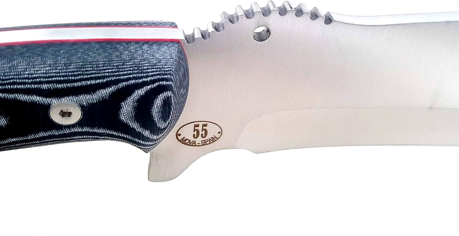 JEO-TEC Nº55 Full Tang Bushcraft Survival Hunting Camping Fishing Knife, Fixed Blade 6.7" MOVA-58 Scandi, Genuine Leather Multi-Position Sheath + Firesteel + Sharpener Stone, Handmade