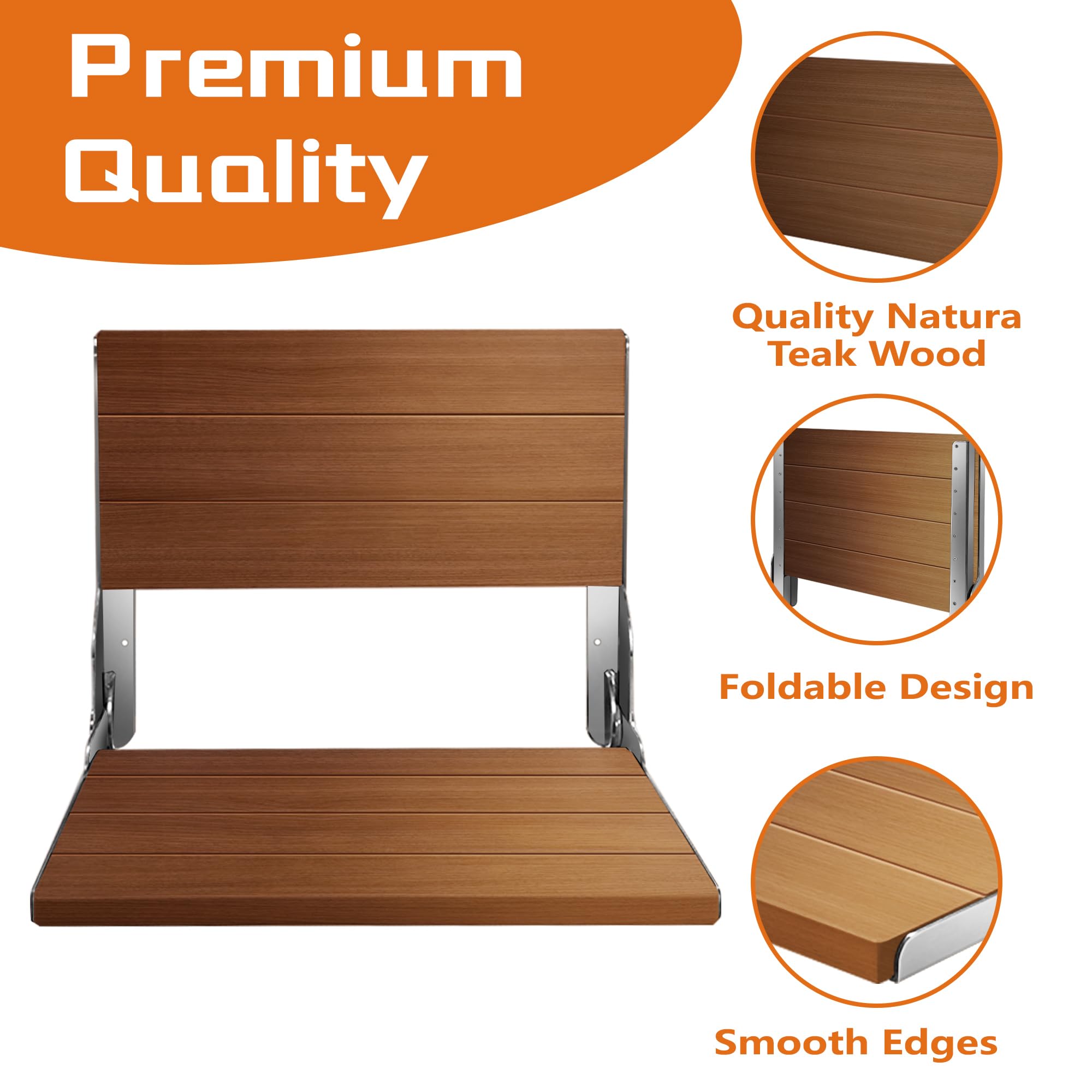 Teak Shower Bench 20'', Folding Shower Chair Wall Mounted, Wood Folding Shower Seat, Teak Shower Bench for Inside Shower, 500 lbs Capacity, Silver