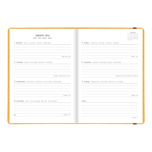 Letts of London Raw Weekly/Monthly Planner, 12 Months, January to December, 2024, Sewn Binding, A5 Size, 8.25" x 5.875", Multilingual, Mustard (C082309-24)