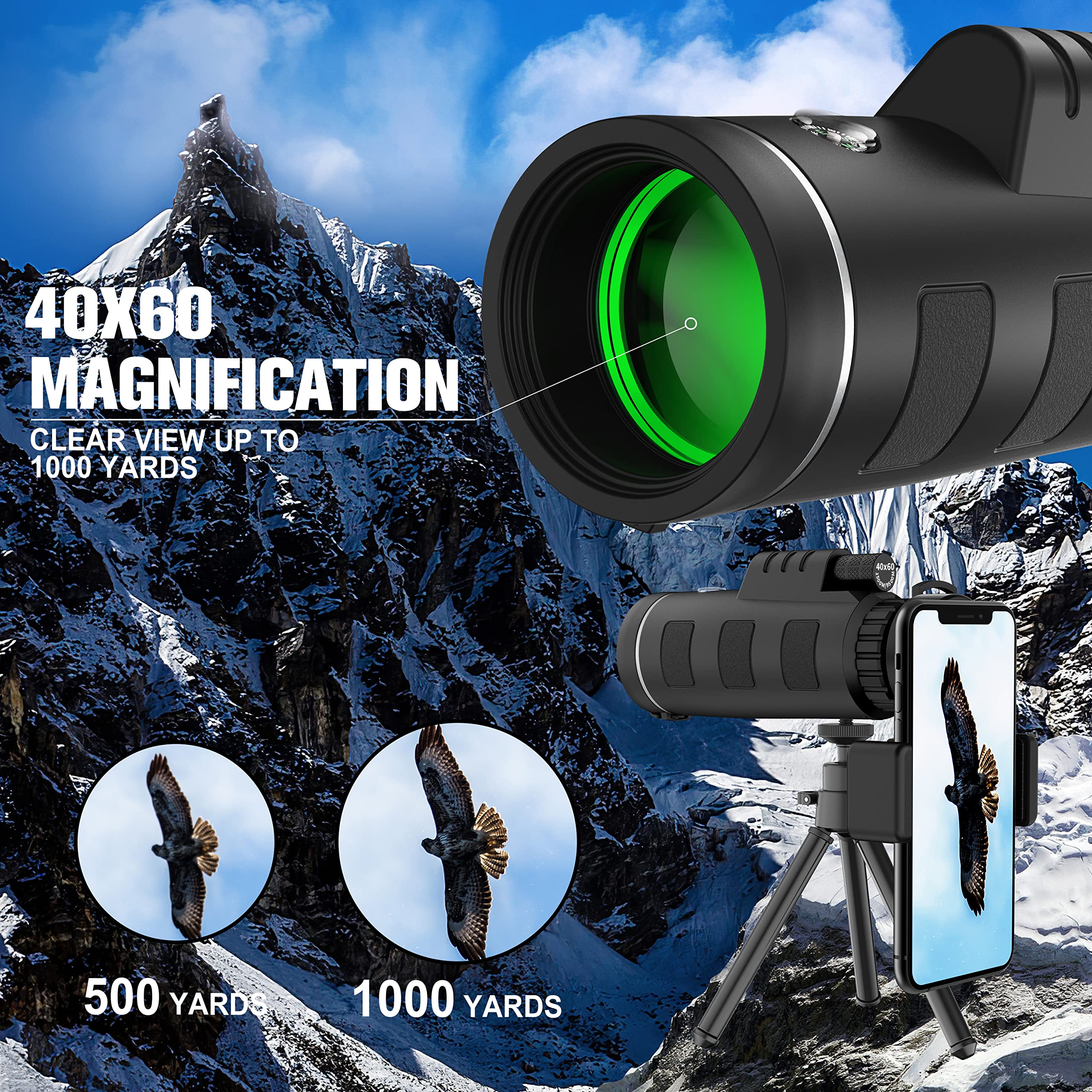 JiaSifu 40x60 High Definition Monocular Telescope with Smartphone Adapter, BAK4 Prism FMC Monocular with Clear Low Light Vision for Wildlife Hunting Camping Travelling(LD006-00A-41)