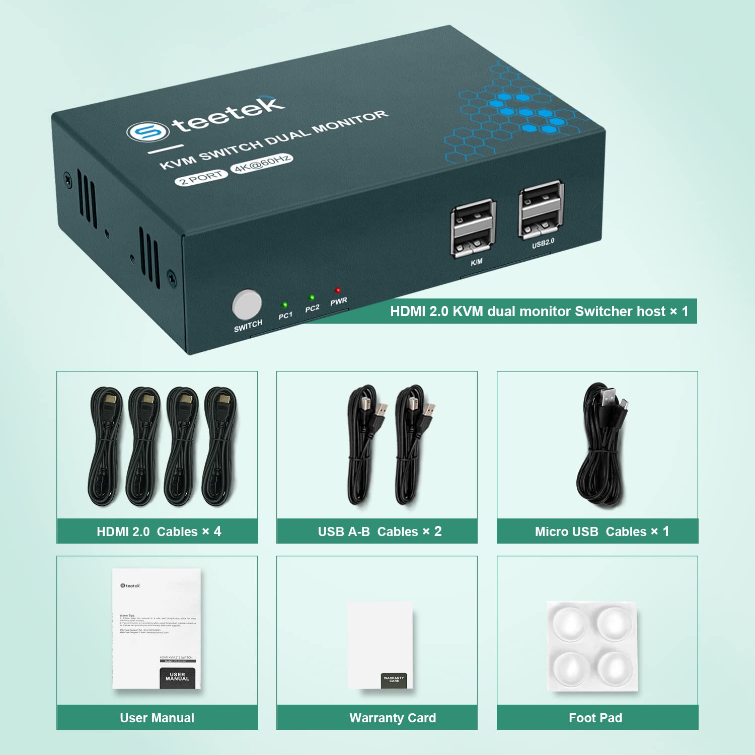 Steetek Dual Monitor KVM Switch HDMI 2 Port, KVM Switch 2 Monitors 2 Computers 4K@60Hz (YUV4:4:4), HDMI KVM Switch 2 in 2 Out, Button Switch and Hotkey Switch, with 4 HDMI and 2 USB Cable