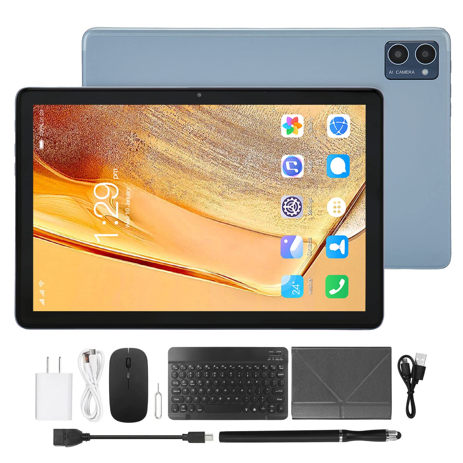 MAVIS LAVEN Gaming Tablet, US Plug 100‑240V 10.1 Inch FHD 12GB RAM 256GB ROM Dual Camera Office Tablet (Light Blue)