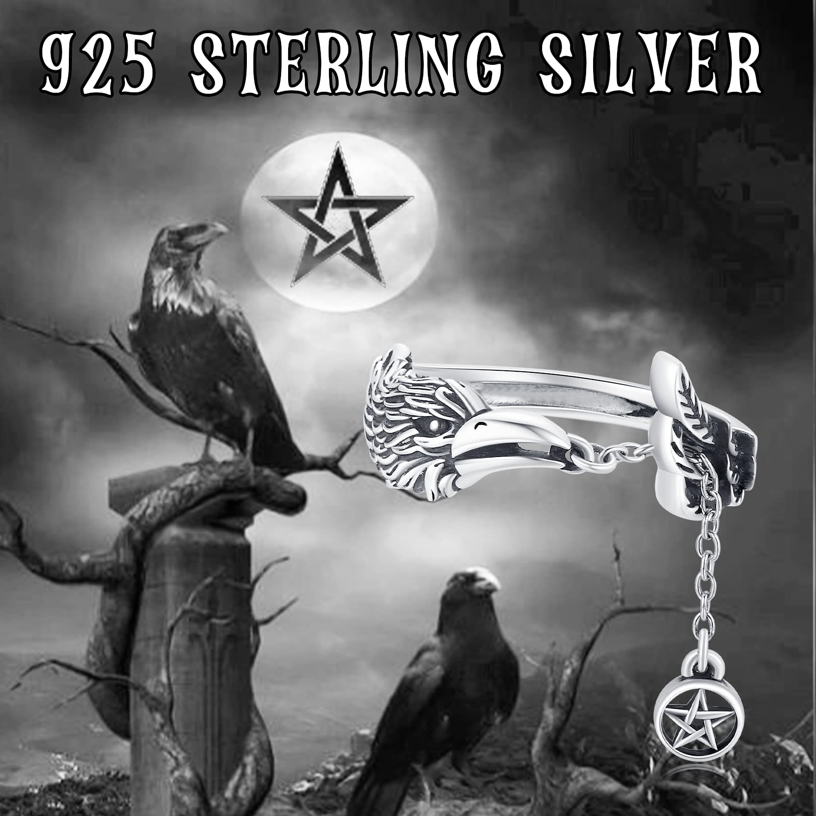 Raven Ring Sterling Silver Raven Pentagram Adjustable Viking Wiccan Amulet Ring Raven Ring Jewelry Gifts for Men Women