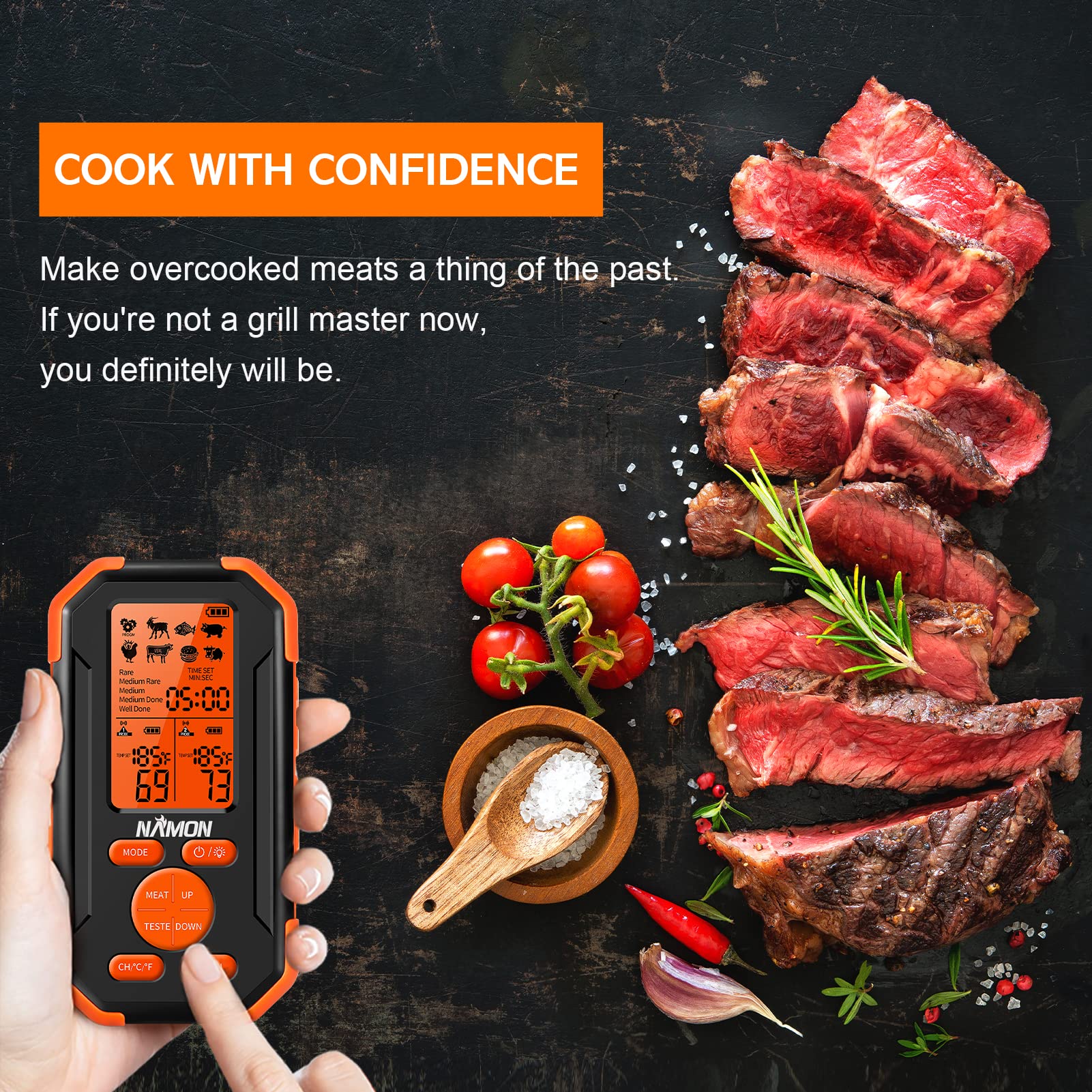 NAMON Wireless Meat Thermometer, Grill Thermometer with 2 Meat Probes, 195ft Wireless Range Digital Thermometer for Cooking, Food Thermometer with Smart Alert for Oven, Smoker, Rotisserie, BBQ