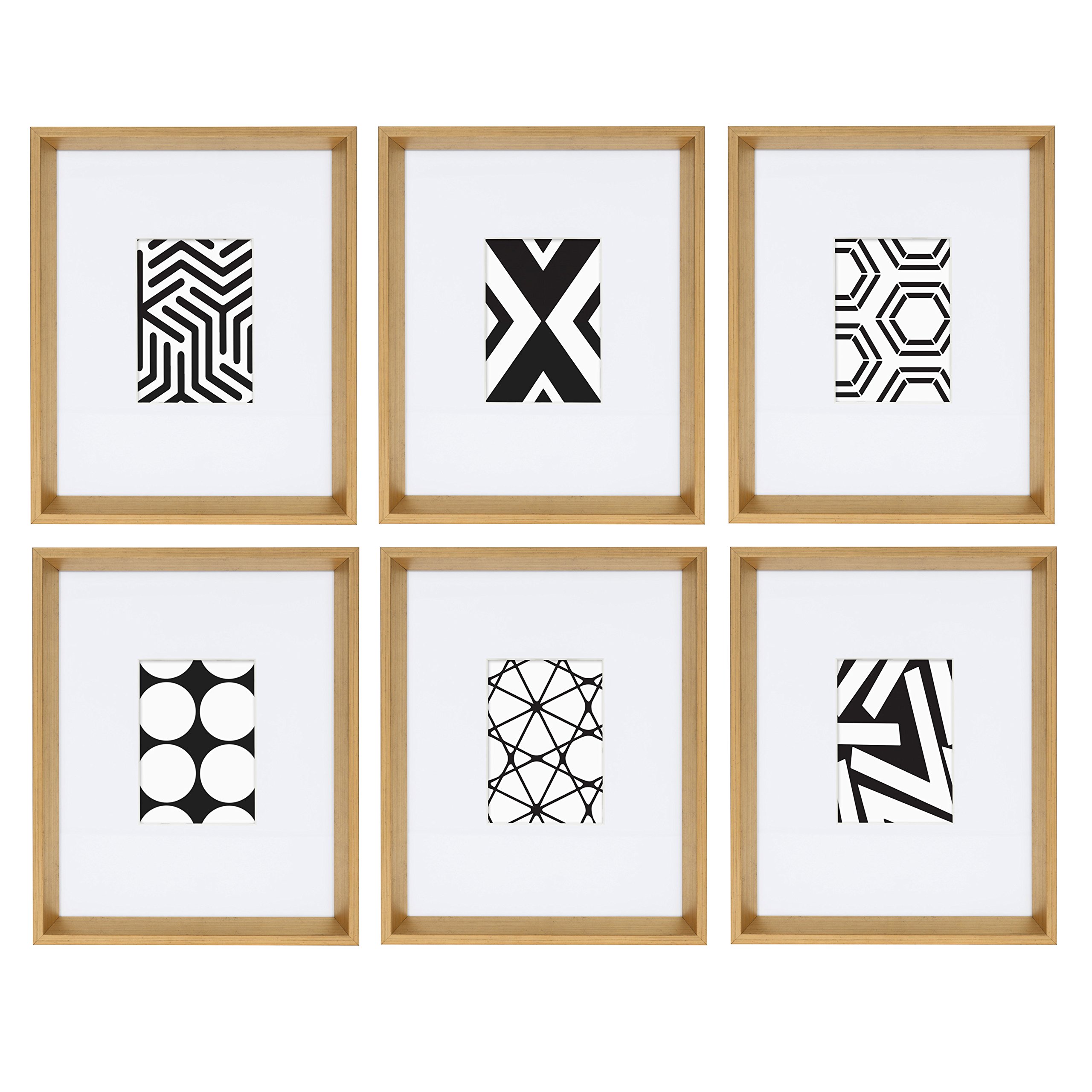 Kate and Laurel Calter 6 Framed Modern Black and White Geometric Abstract Art Prints, Gold