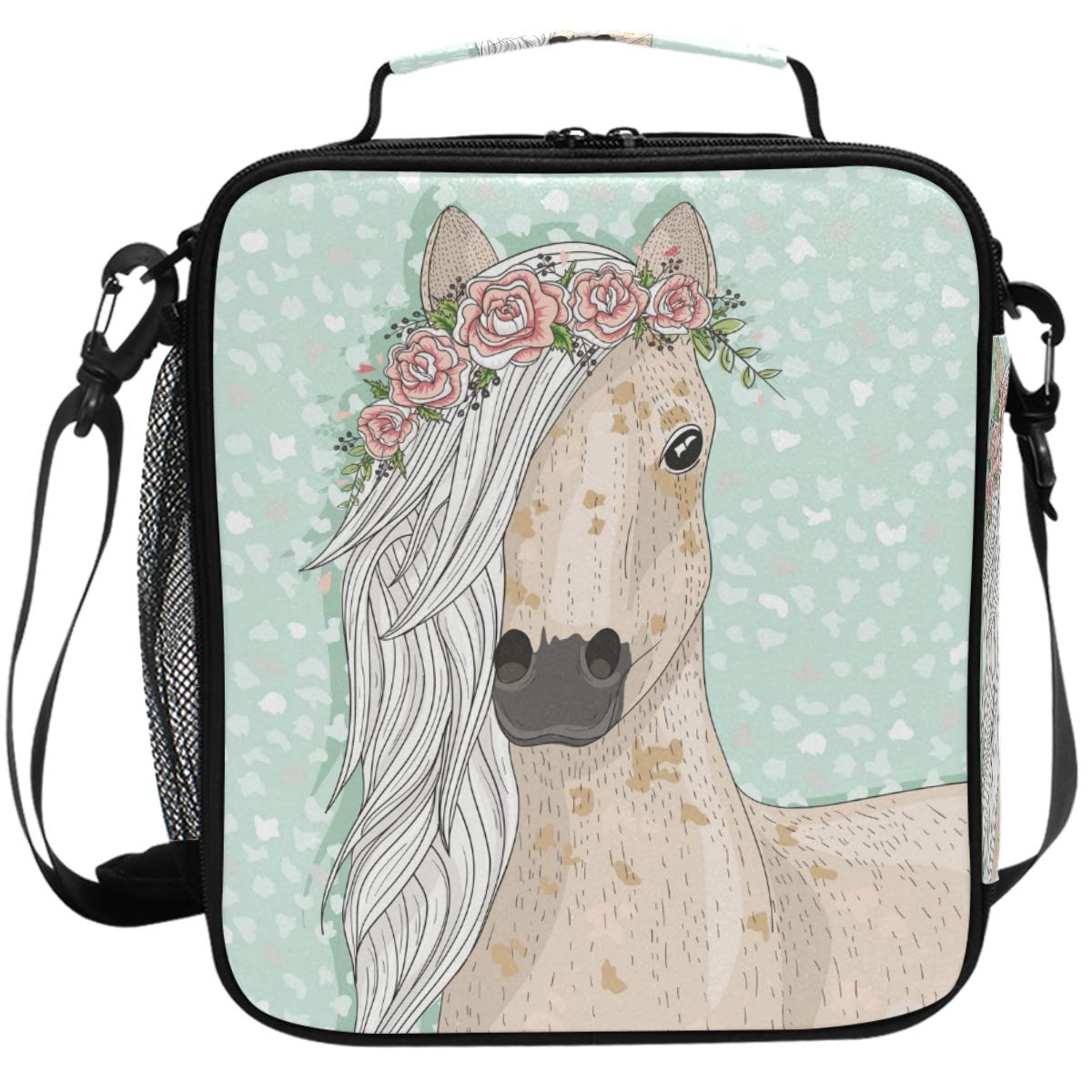 Pfrewn Cute Horse Lunch Box Unicorn Animals Flowers Fairytale Insulated Lunch Bag Reusable Cooler Meal Prep Bags Lunch Tote with Shoulder Strap for Office Adults School Kids Girls Teens