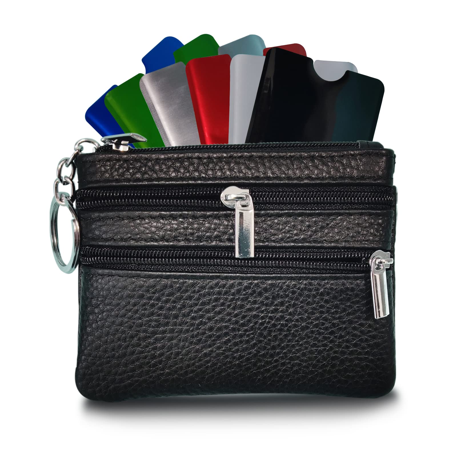 Naviurway Genuine Leather Coin Purse 3 Zipper Mini Pouch Change Wallet Key Fob Holder (Black)