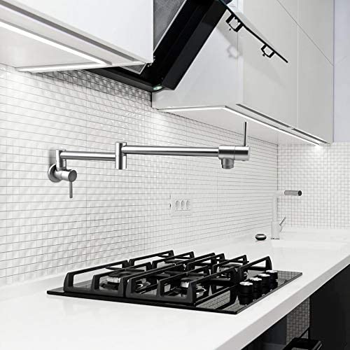QWORK Stainless Steel Wall Mount Pot Filler Faucet - 1/2"-14 NPT Thread, Commercial Kitchen Sink Faucet with Foldable Stretchable Double Handles and Single Hole Configuration