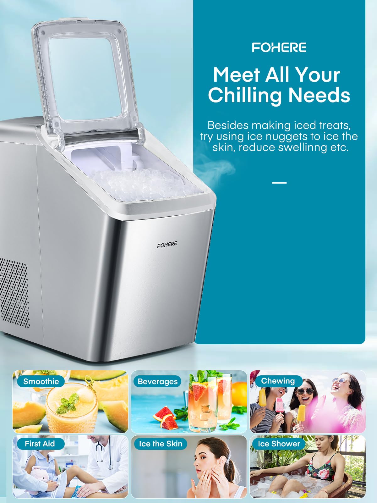 Nugget Ice Maker Countertop, Makes 33lbs Crunchy ice in 24H, 5.3lbs Basket at a time, Self-Cleaning Pebble Ice Machine with Scoop and Basket, Portable Ice Maker for Home/Kitchen/Office/Bar, FOHERE