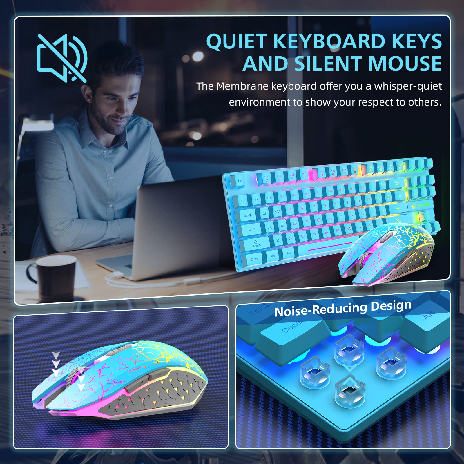 Wireless Gaming Keyboard and Mouse Combo,Rainbow Backlit 87 Keys Membrane Keyboard,2.4GHz Rechargeable 4000mAh Keyboard Mouse, Dual-Head USB&Type C Receiver for PC/Smart Phone/Laptop/Tablet/PS4(Black)
