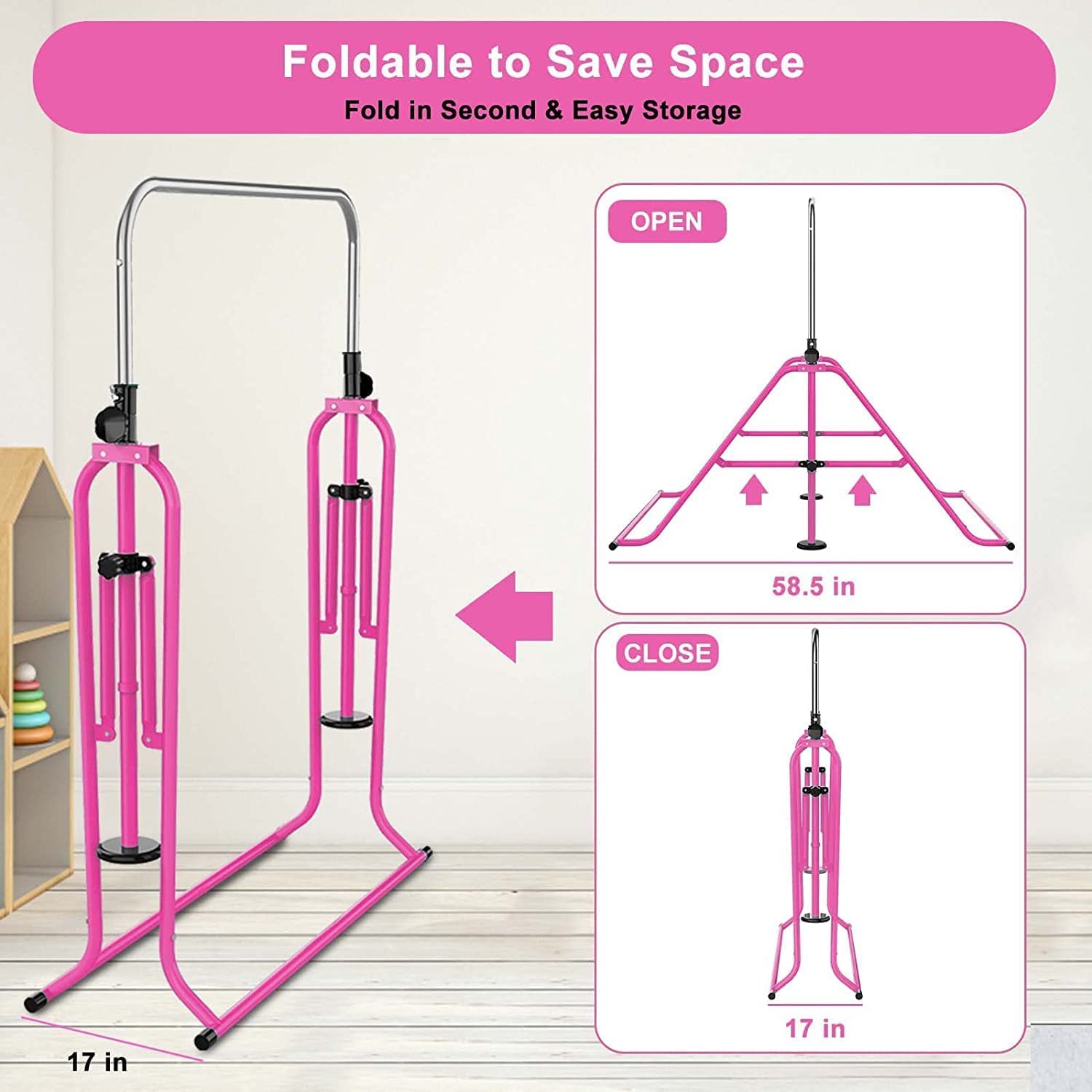 RAVS Gymnastics Bar for Kids with Swing Set, 8 Heights Adjustable Easy Folding Gymnastic Training Bar Kids Monkey Horizontal Bars - Max Load 300LBS (Small-Pink)