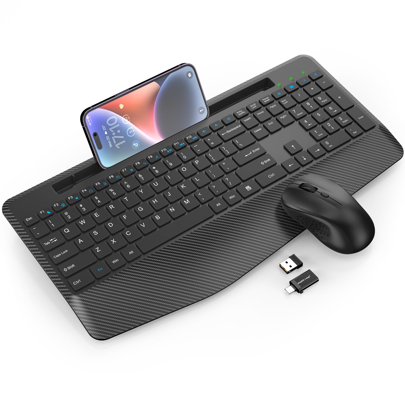 Wireless Keyboard and Mouse Combo, Wrist Rest, Phone Holder, Jiggler Mouse, 2.4G Lag-Free Ergonomic Keyboards, Silent Cordless Set for Computer, Laptop, PC, Mac, Windows -SABLUTE