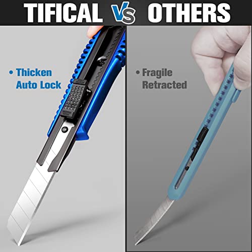 TIFICAL Box Cutter Retractable, Auto-Lock Utility Knife, 18MM Box Knife with 10 Blades, ABSs Handle Box Opener for Cutting Boxes, Cartons, Cardboard, Leather, Smooth Retractable Mechanism (Blue)