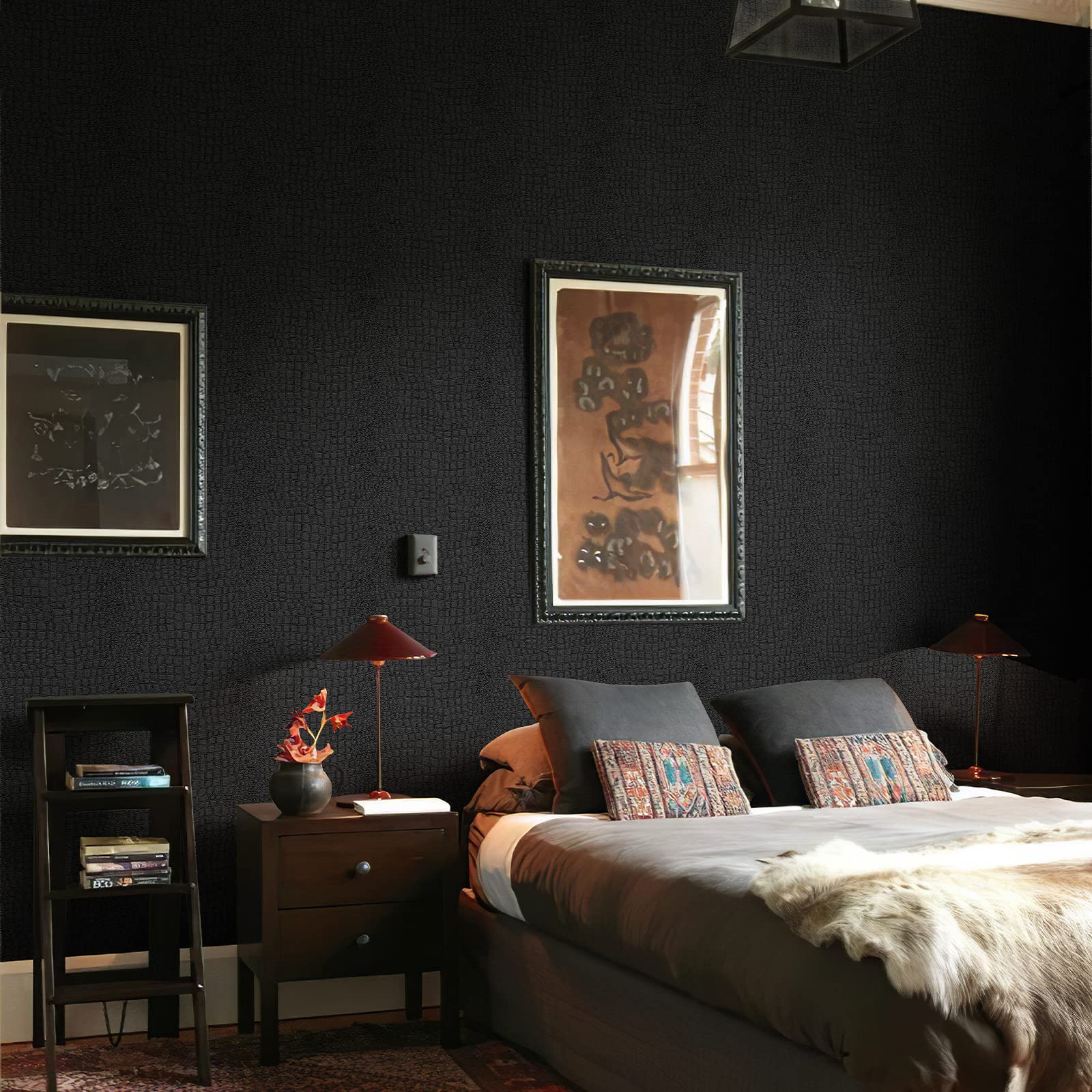 JiffDiff Black Crocodile Wallpaper Textured Wallpaper Charcoal Black Matte Non Woven 3D Embossed Wallpaper Non-Pasted Wallpaper 19.7Ft x 17.7''