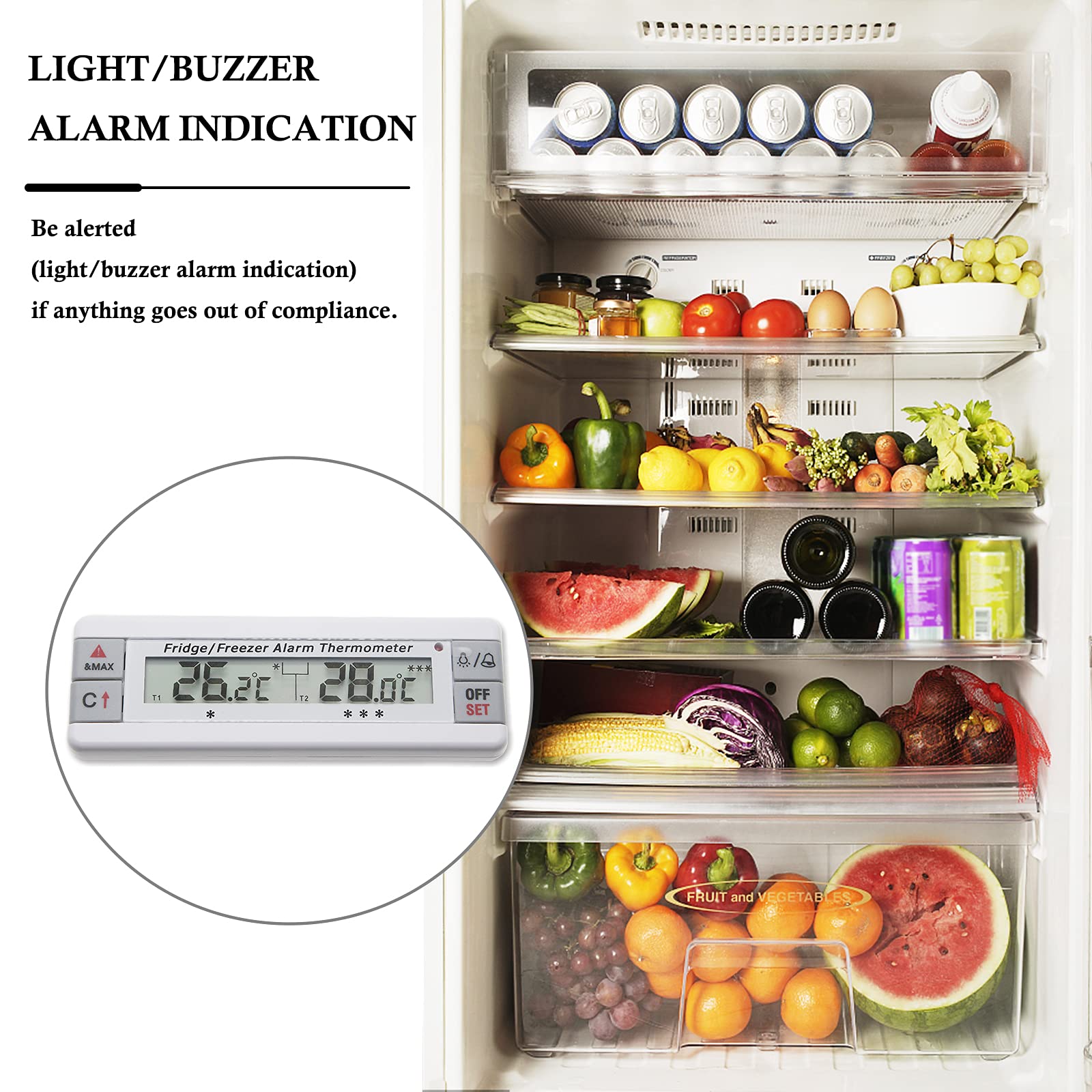 Refrigerator/Freezer Alarm Thermometer 2 Channel Fridge Thermometer with LED Alarm Indicator Max/Min Memory for Home Kitchen Restaurants Bars Cafes