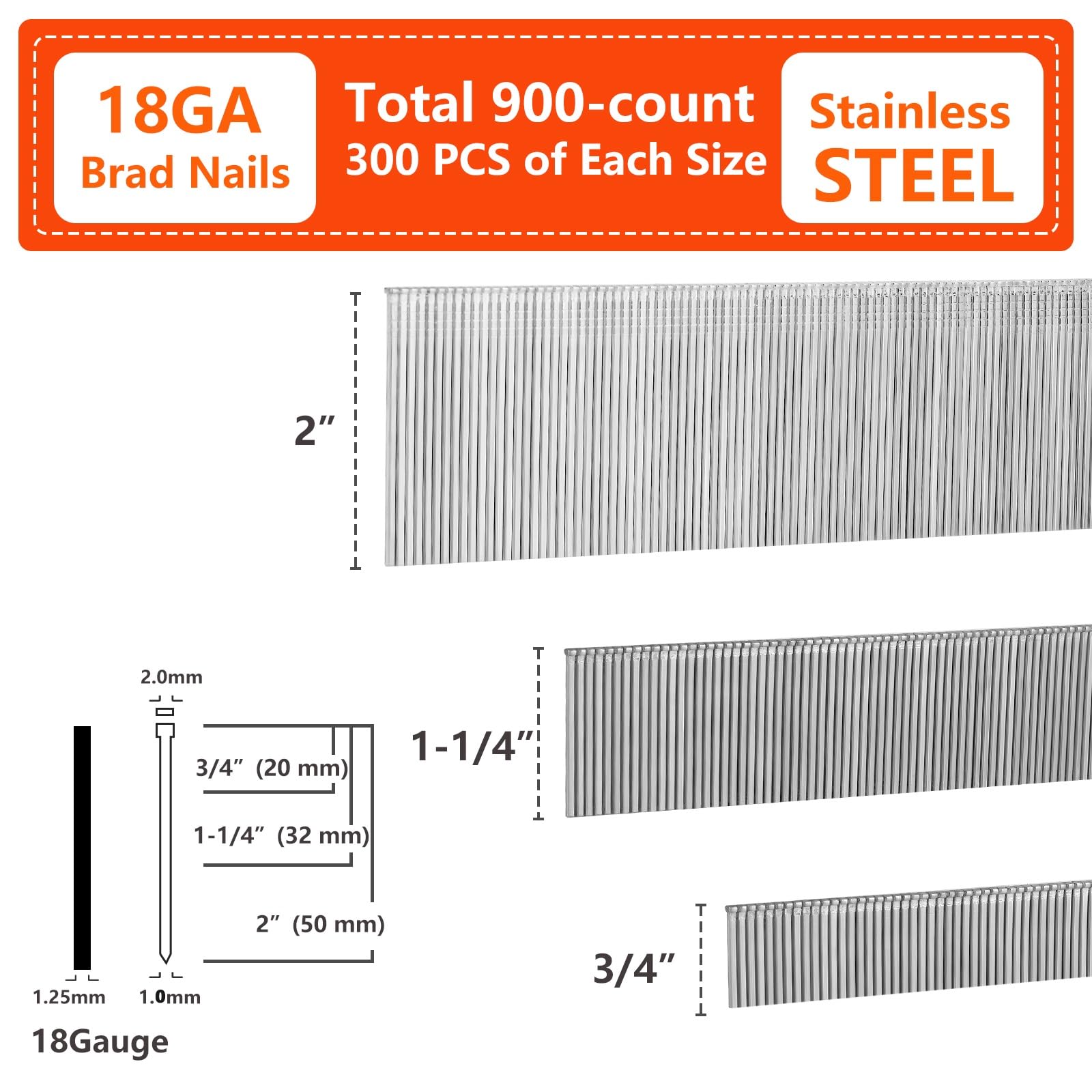 SITLDY 18 Gauge Stainless Steel 304 Brad Nails 900-Pack (3/4", 1-1/4", 2", 300 Pcs of Each Size), Assorted Size Project Pack, for Pneumatic, Electric Brad Nailers