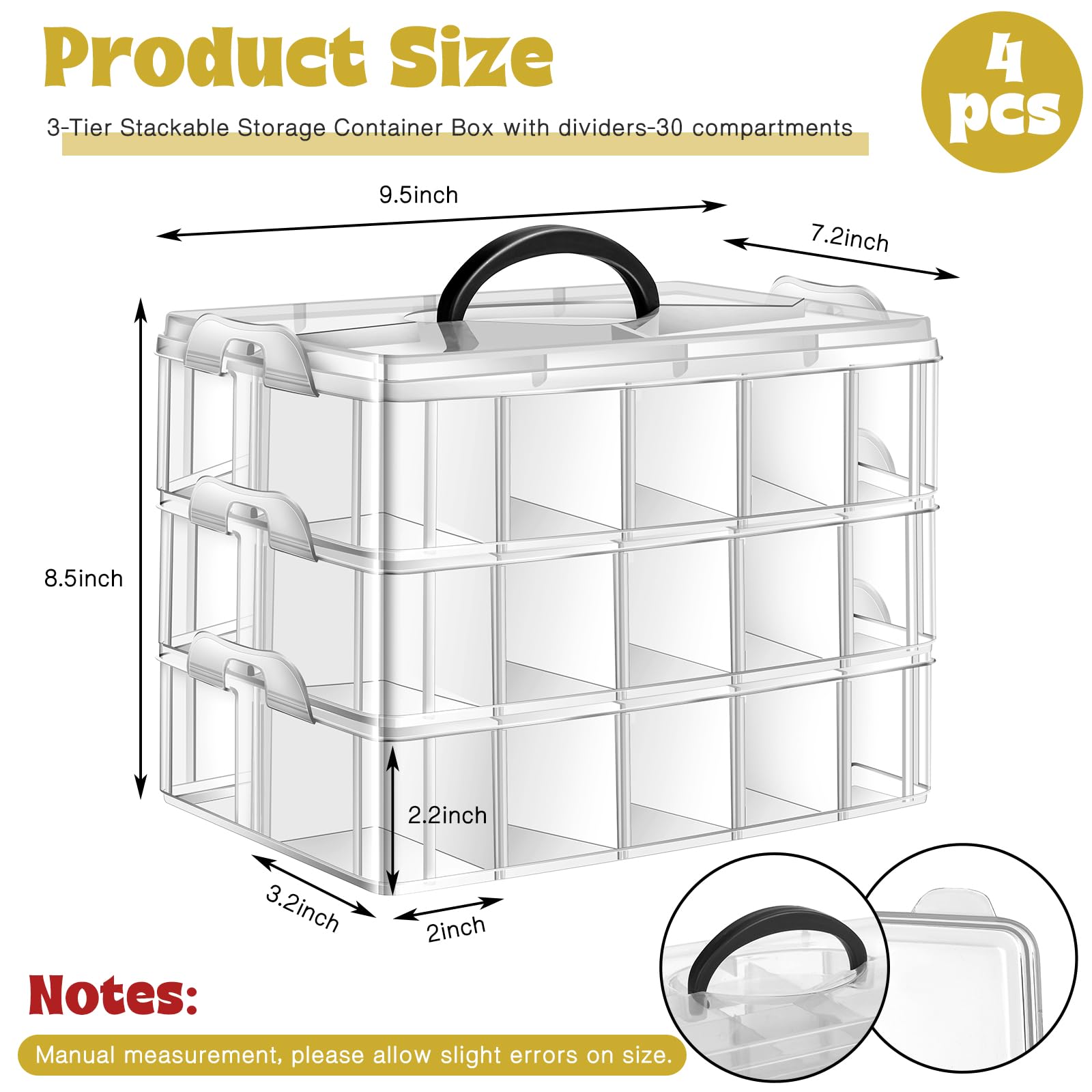 Teenyyou 4 Pcs 3 Tier Stackable Craft Organizers and Storage Bead Organizers with 30 Adjustable Compartments Storage Box Jewelry Making Organizers and Storage for Arts, Jewelry, Dolls, Washi Tape