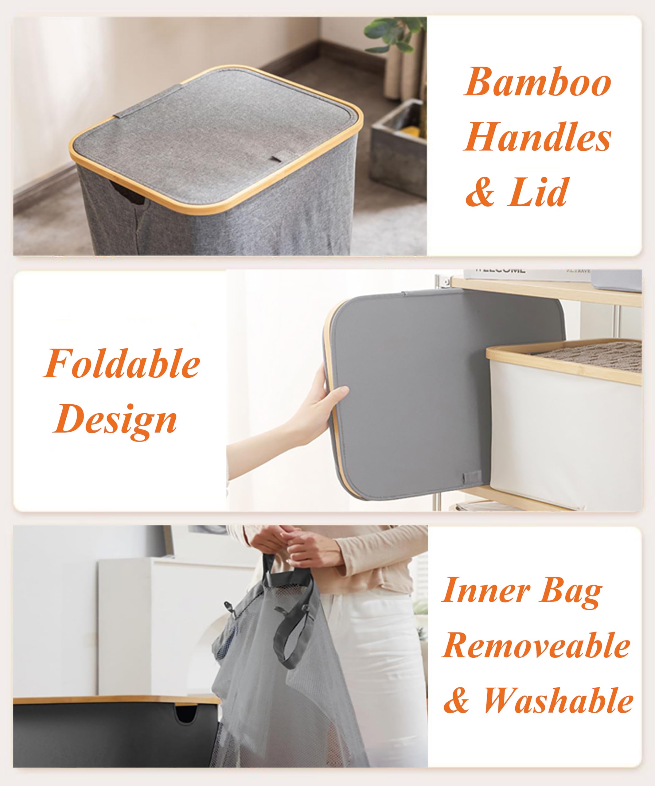 YCJYZLF Large Laundry Hamper with Lid and Bamboo Handles,Tall Collapsible Laundry Basket with Lid and Removable Laundry Bag,Foldable Clothes Hampers for Laundry,Bedroom,Dorm,Towels,Toys (100L,Grey)